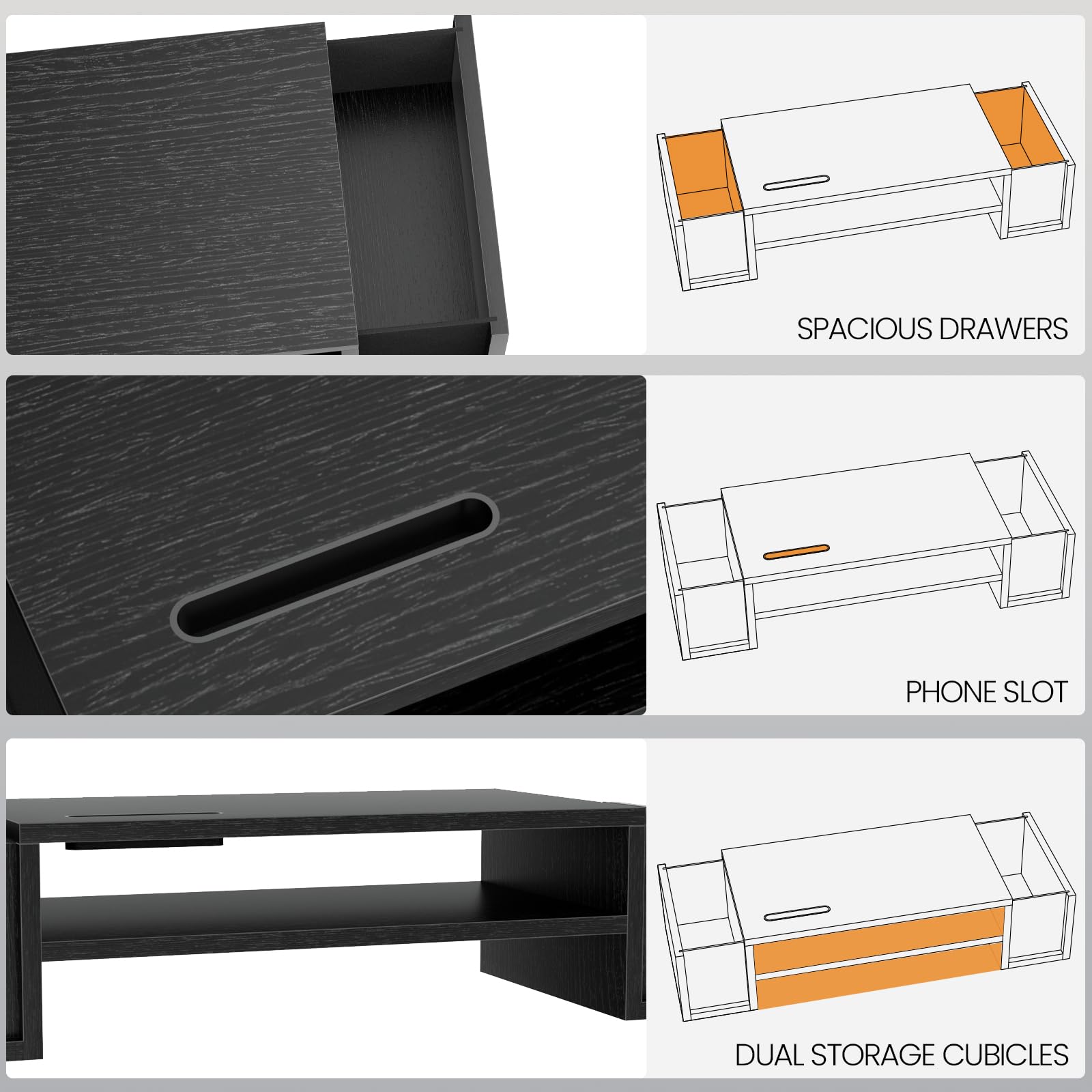 AMERIERGO Monitor Stand Desk Organization with DIY Storage Space, Monitor Riser Stand with Storage with 2 Slots & Phone Holder, Computer Stand 2 Tier for Home Office Use