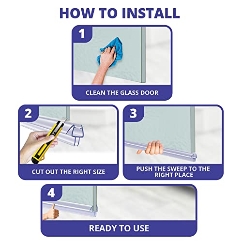 2-Pack Tarpuglider Shower Door Bottom Seal with Internal Grips and Sweep Strip - Frameless Glass Shower Door Seal Strip with Adjustable Length -Stop Shower Leaks -Clear Vinyl (3/8β (9-10 mm) x 39")