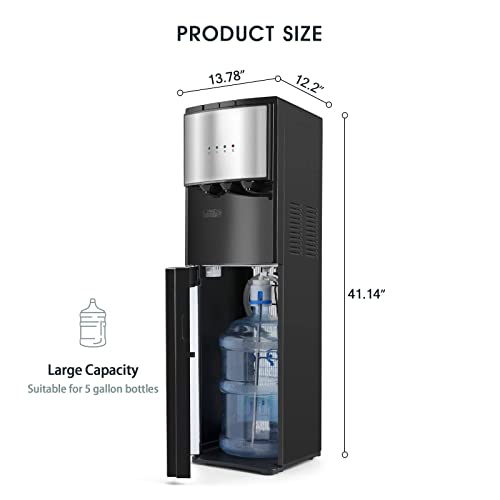Bottom Loading Water Dispenser 5 Gallon,Hot Cold and Room Water Cooler with 3 Temperature Spouts, Empty Bottle Indicator Child Safety Lock Stainless Steel Black Home and Office Use