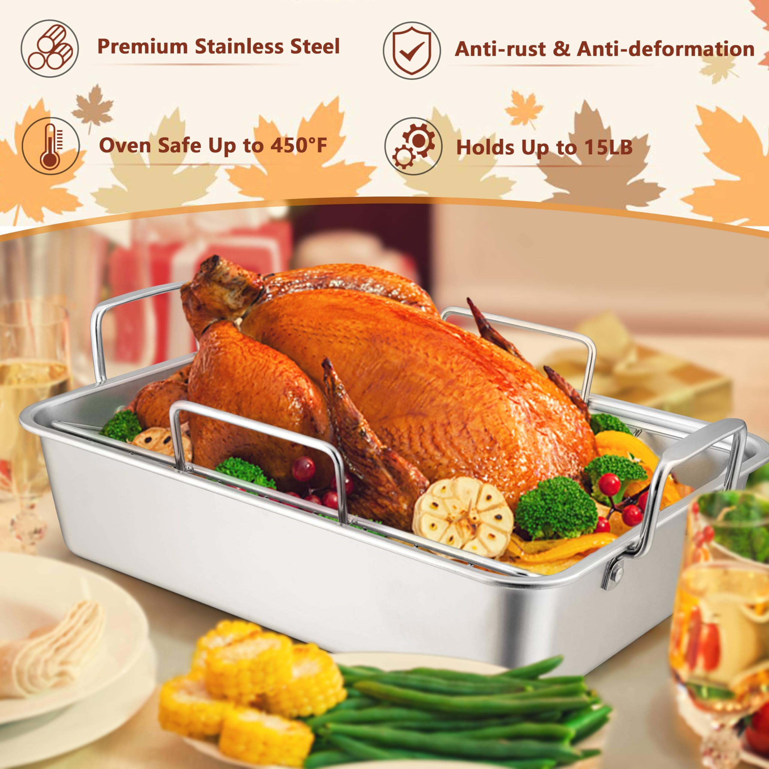 LIANYU Roasting Pan, 14 Inch Turkey Roaster Pan with 2 Racks, Heavy Duty Stainless Steel Lasagna, Pan, Deep Broiling Pan for Turkey, Chicken, Dishwasher Safe