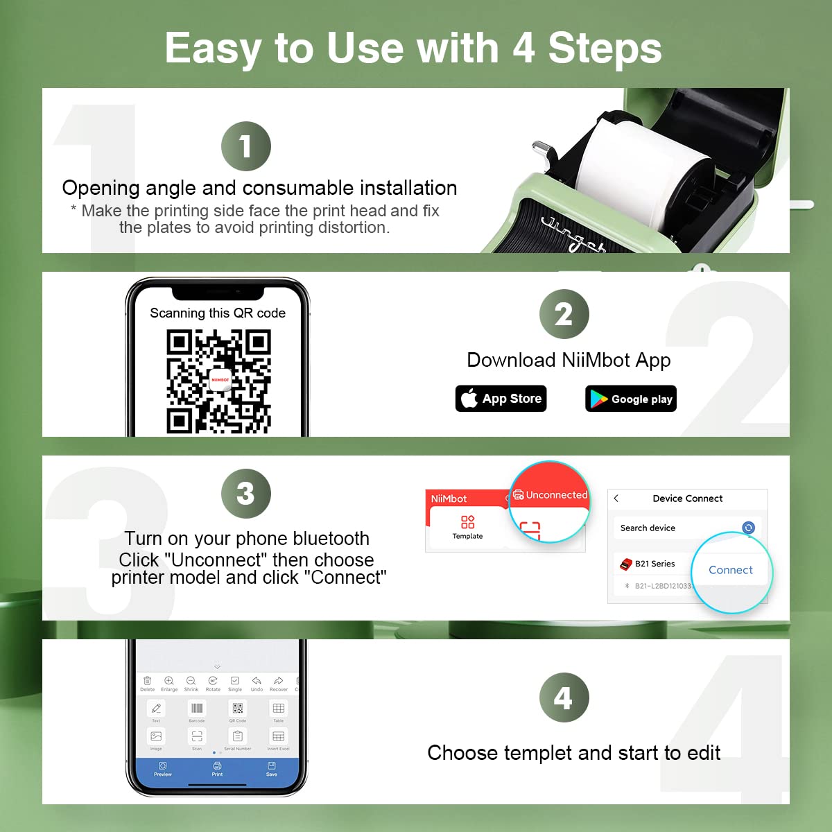 2 Inch Label Printer B21 with 230 Labels, Bluetooth Thermal Labels Maker Small Business Sticker Printers, Suits for All Purpose Labels Barcode Price Text, Compatible with iOS & Android (Green)