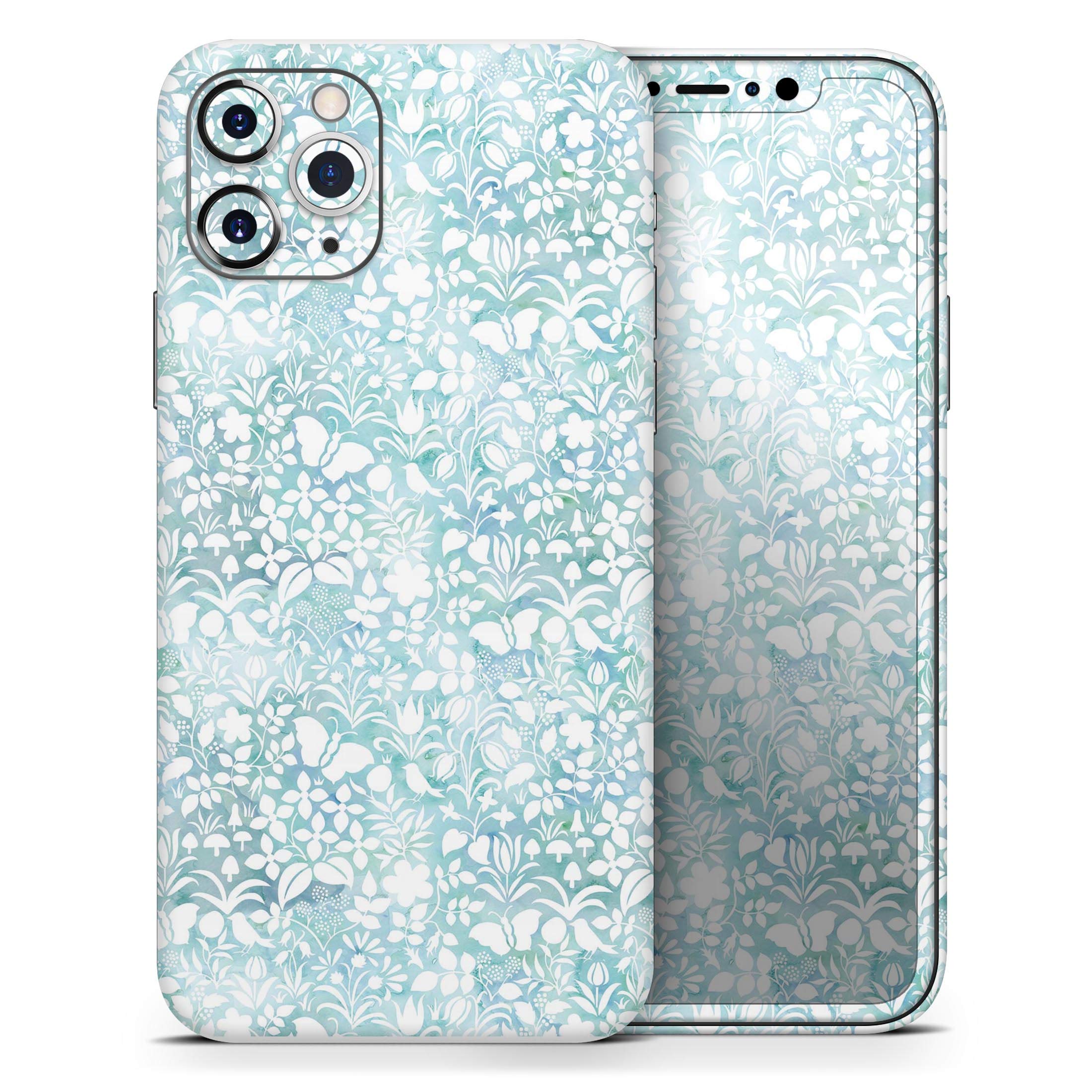 Design Skinz White Butterflies and Flowers on Light Blue - DesignSkinz Protective Vinyl Decal Wrap Skin Cover Compatible with The Apple iPhone 11 Pro (Full-Body, Screen Trim & Back Glass Skin)