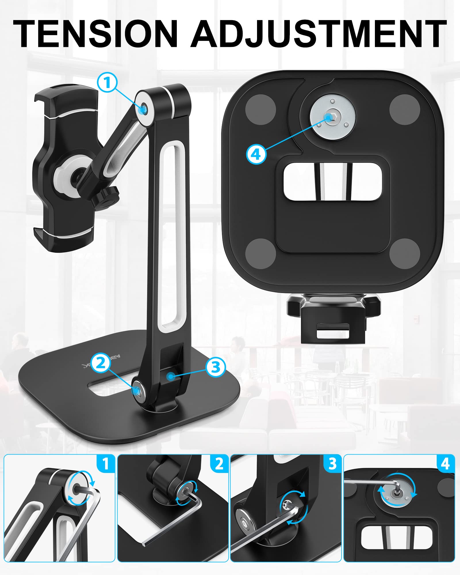 AboveTEK Tablet Stand, Multi-Angle Adjustable iPad Stand Holder, 360° Swivel iPad Stand Aluminum Desk Mount Fits 4”-11"(Diagonal) iPad/Mini/Air/Pro for Business Kiosk Office – Black