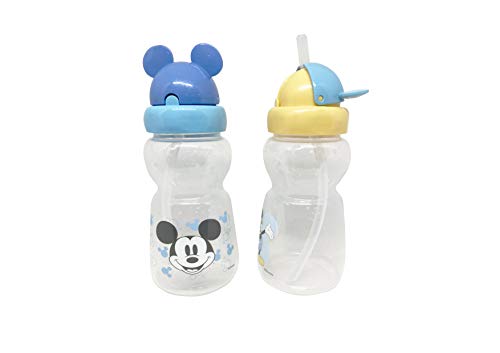 Disney Cudlie Mickey Mouse Baby Boy 2 Pack of 11 Oz Sippers Pop Up Straw Character Molded Lid with Here I Am Print