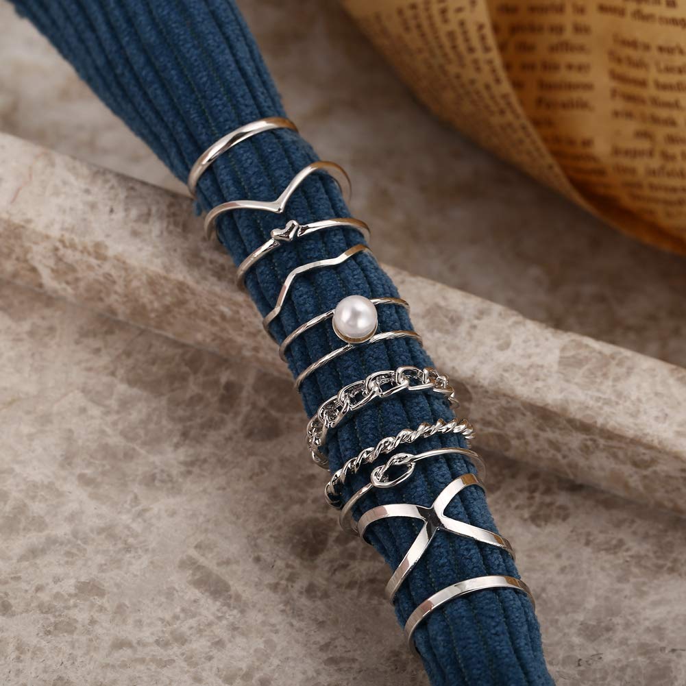 17 MILE 10 Pcs Vintage Knuckle Stackable Rings Set for Women, Bohemian Gold/Silver Plated Comfort Fit VSCO Wave Joint Finger Rings Gift (Pearl Gold) (Silver)