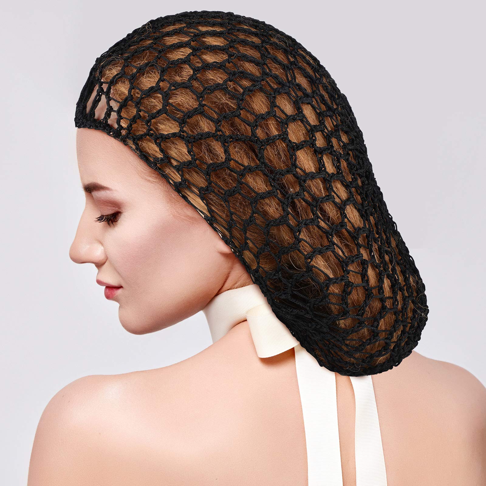 Waydress 2 Pieces Mesh Hair Net Rayon Knit Snood Women Crocheted Sleep Cap (Black, Gray)