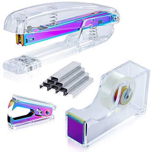 SEAKOS Dream Color Acrylic Stapler Set,Desk Stapler,Office and Home Stapler,Students Stapler,Tape Dispenser,Stapler Remover,Free 1000pcs 26/6 StaplesāāMulticolor