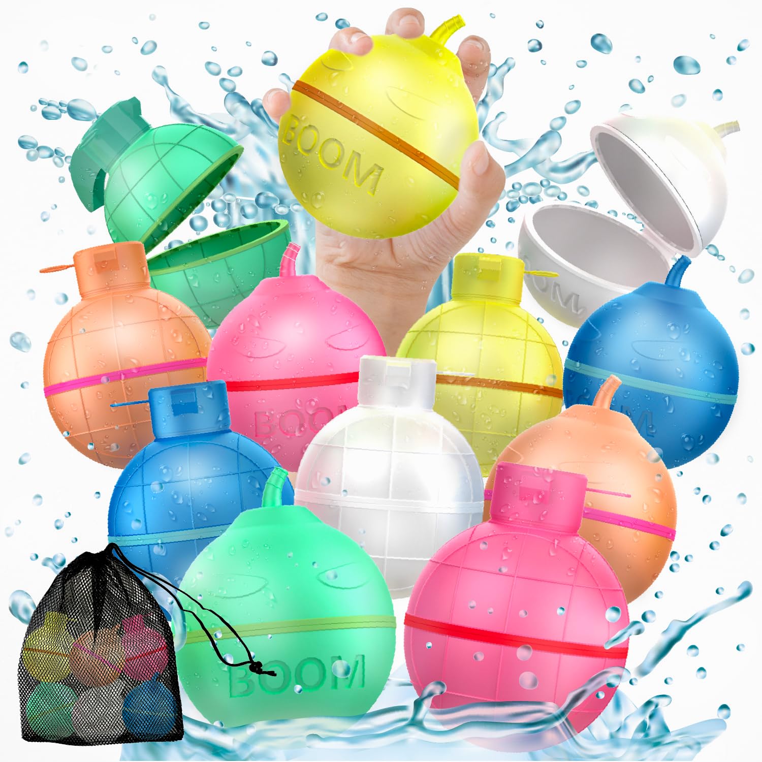 12pcs Reusable Water Balloons for Kids - Silicone Balloon with Magnetic Self Sealing Magnetic Quick and Easy Refill Outdoor Water Bombs - Bulk Pack with Mesh Bag (Bomb & Grenade)