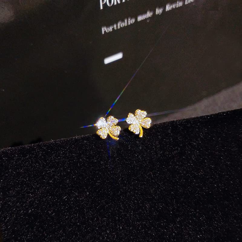 14K Gold Plated Stud Earrings Cubic Zirconia Earring Four Leaf Clover Earrings Small Stud Earrings S925 Silver Needle for Women