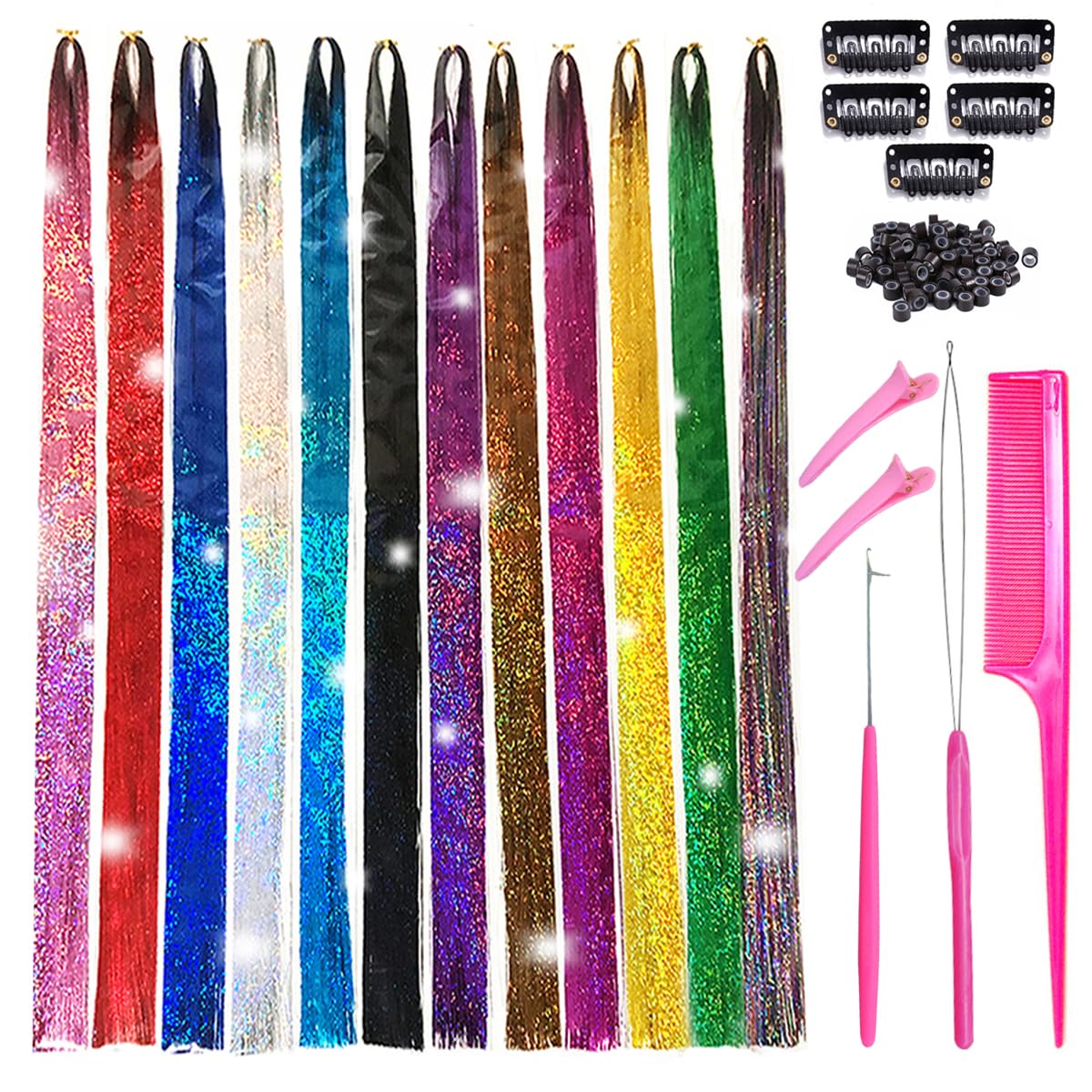 Tototoo Hair Tinsel 3000 Strands With Tools 44 Inch 12 Colors Fairy Hair Tinsel Kit for Girls Glitter Hair Tinsel Strands Kit Heat Resistant Sparkling Shiny Hair Extensions (12 Colors/3000 Stands)