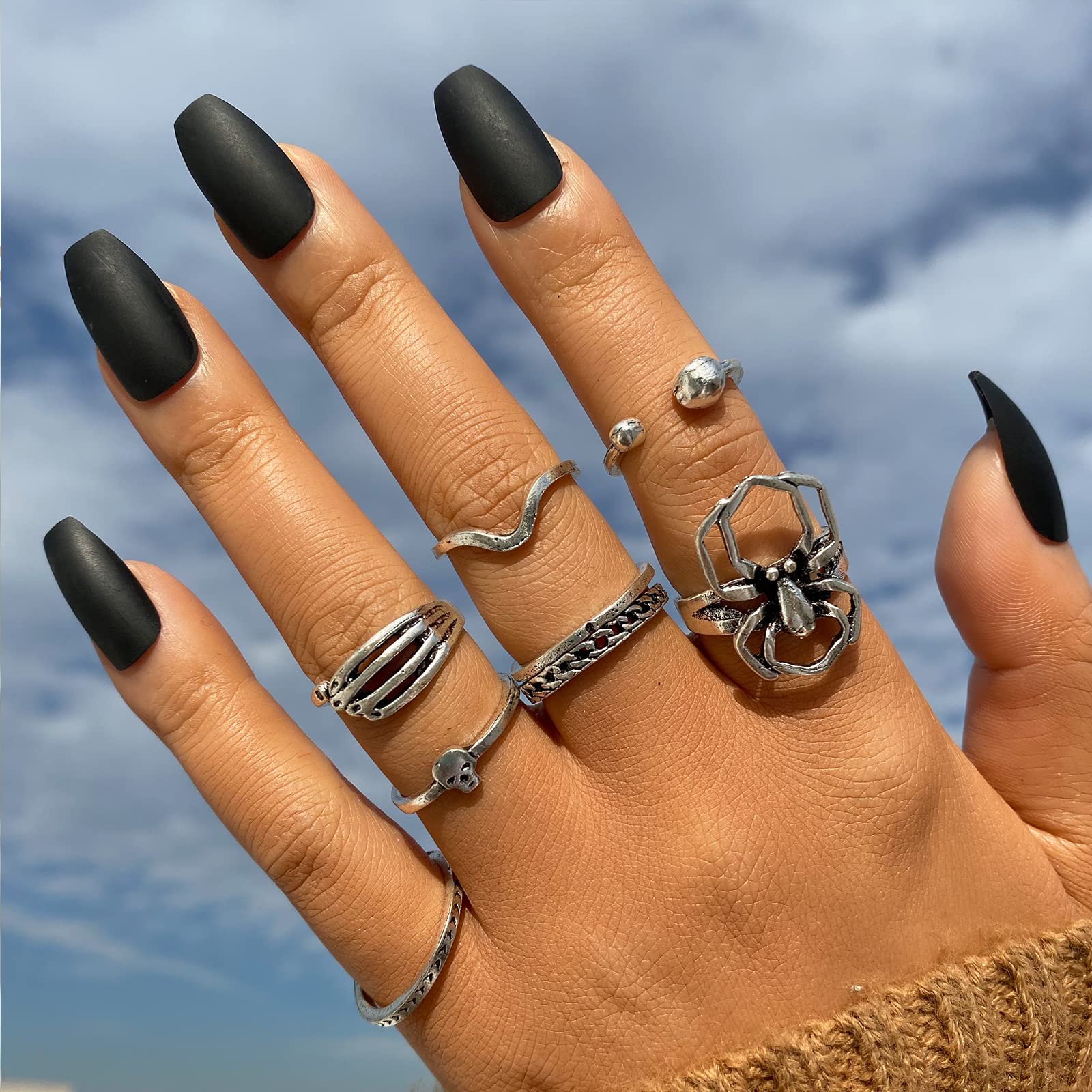 17 MILE Vintage Silver Rings Set for Women, Cool Gothic Ring, Stackable Joint Knuckle Rings, Retro Snake Chunky Punk Silver Rings Pack for Gift