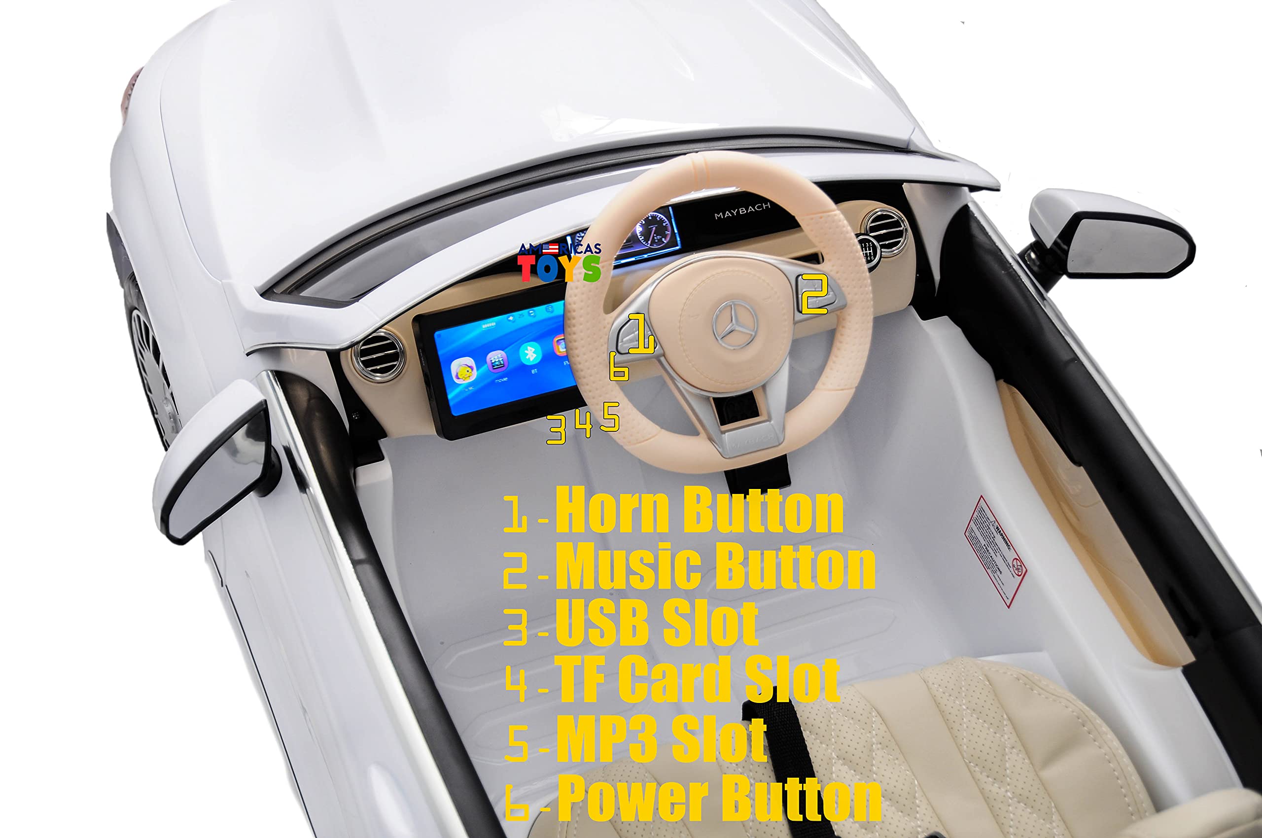 Americas Toys Car for Kids to Drive with Leather Seat, Mp4 Player, Bluetooth, Remote Control – Ride in Vehicle One Seater with Open Doors, 5 Point Safety Belt, Compatible with Mercedes Maybach White