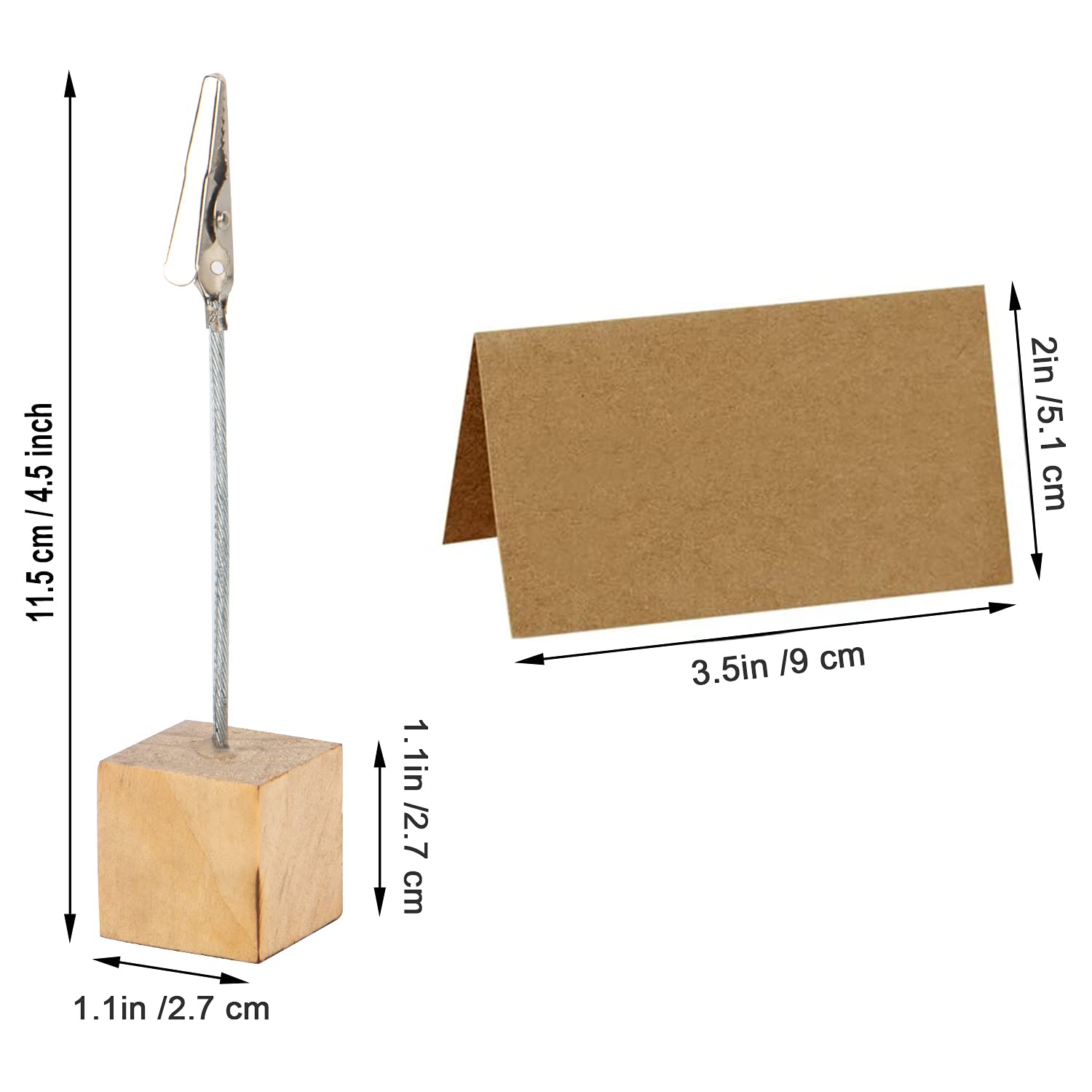 20 Pcs Rustic Wood Place Card Holders with Memo Clips and 30 Pcs Kraft Place Cards, Wooden Table Number Holder Stand Photo Picture Note Clip Holders for Wedding Party Name Sign - Cube Base