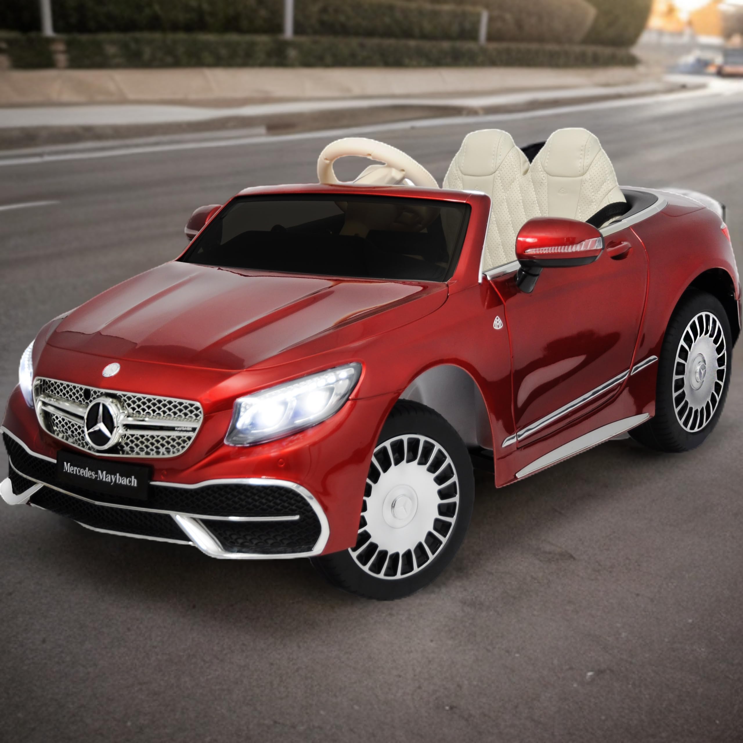 Americas Toys Kids Car with Mp4 Touchscreen, Bluetooth, Remote Control, Leather Beige Seat β Electric Car One Seater with Open Doors, 5 points Safety Belt, Compatible with Mercedes Maybach Painted Red