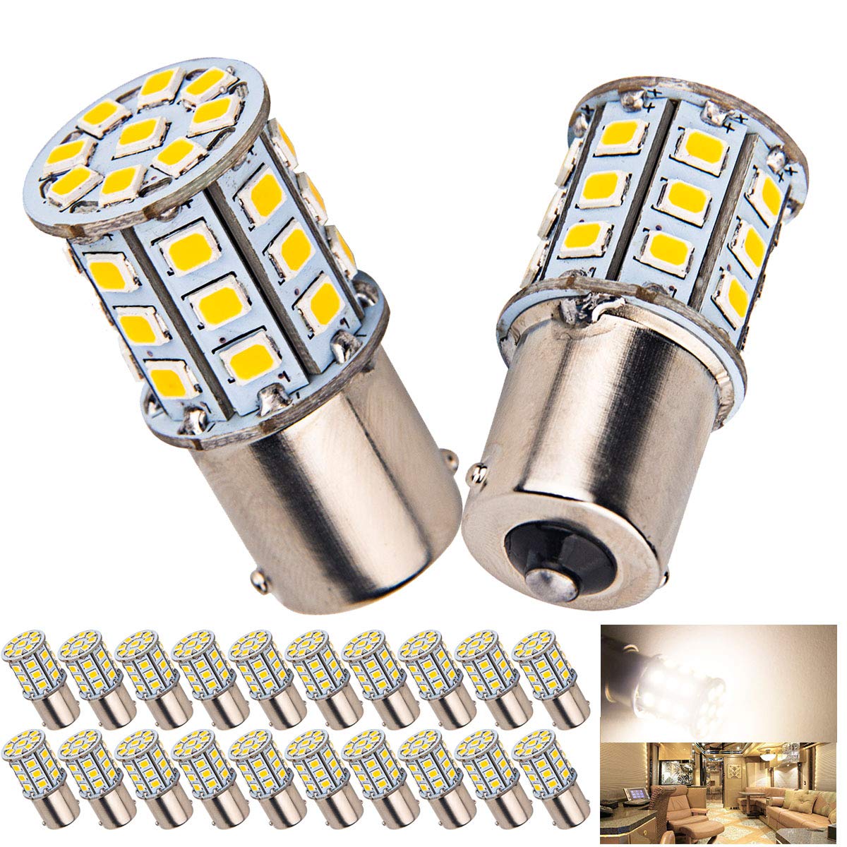1voi Super Bright BA15S 1156 1141 1003 LED Light Bulbs for RV Interior Camper Trailer Turn Signal Backup Reverse,2700K Warm White,20-Pack