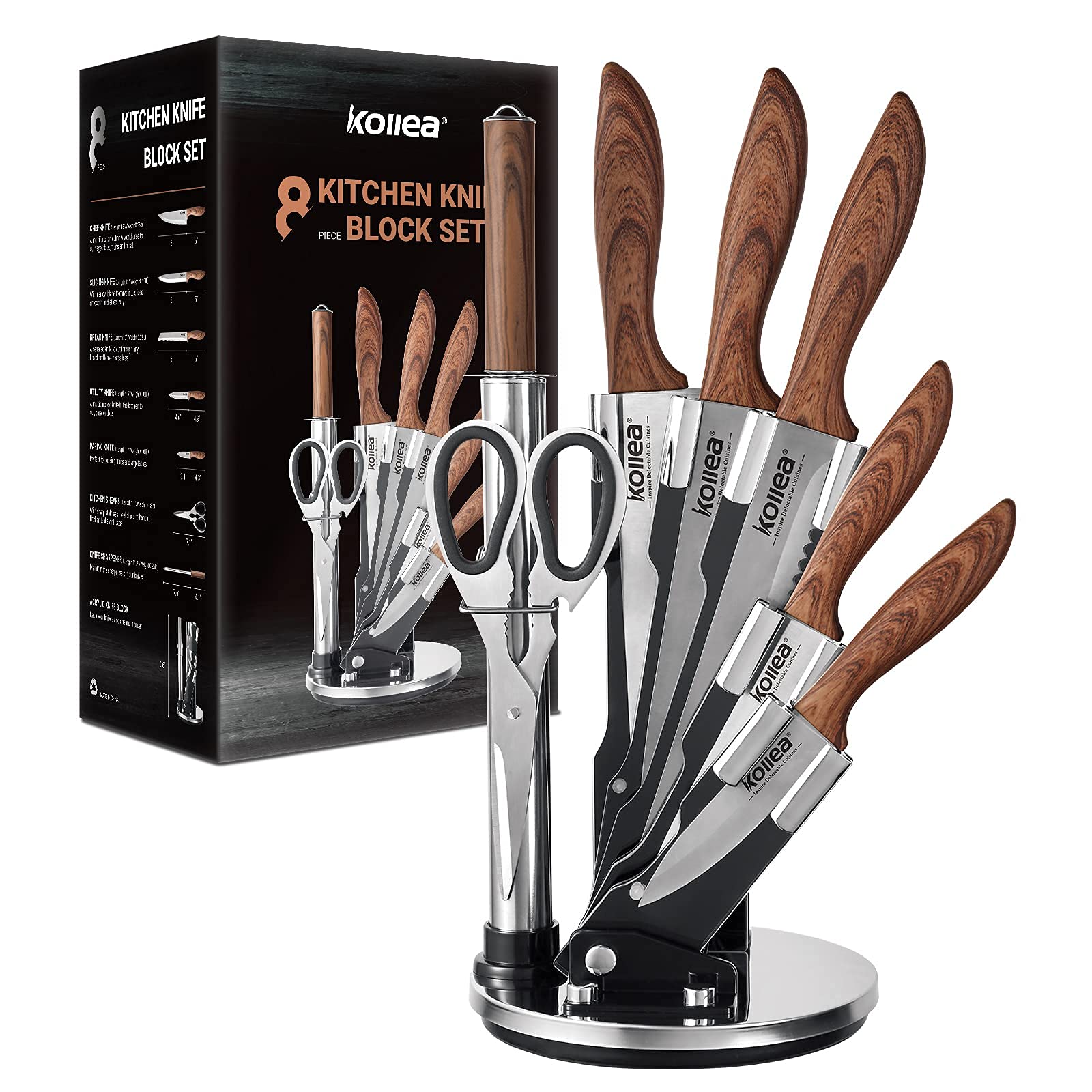 Kollea Kitchen Knife Set, 8 Pieces Stainless Steel Knives, Kitchen Steak Bread Knives Set with Acrylic Stand Knife Sharpener Kitchen Shear, Brown