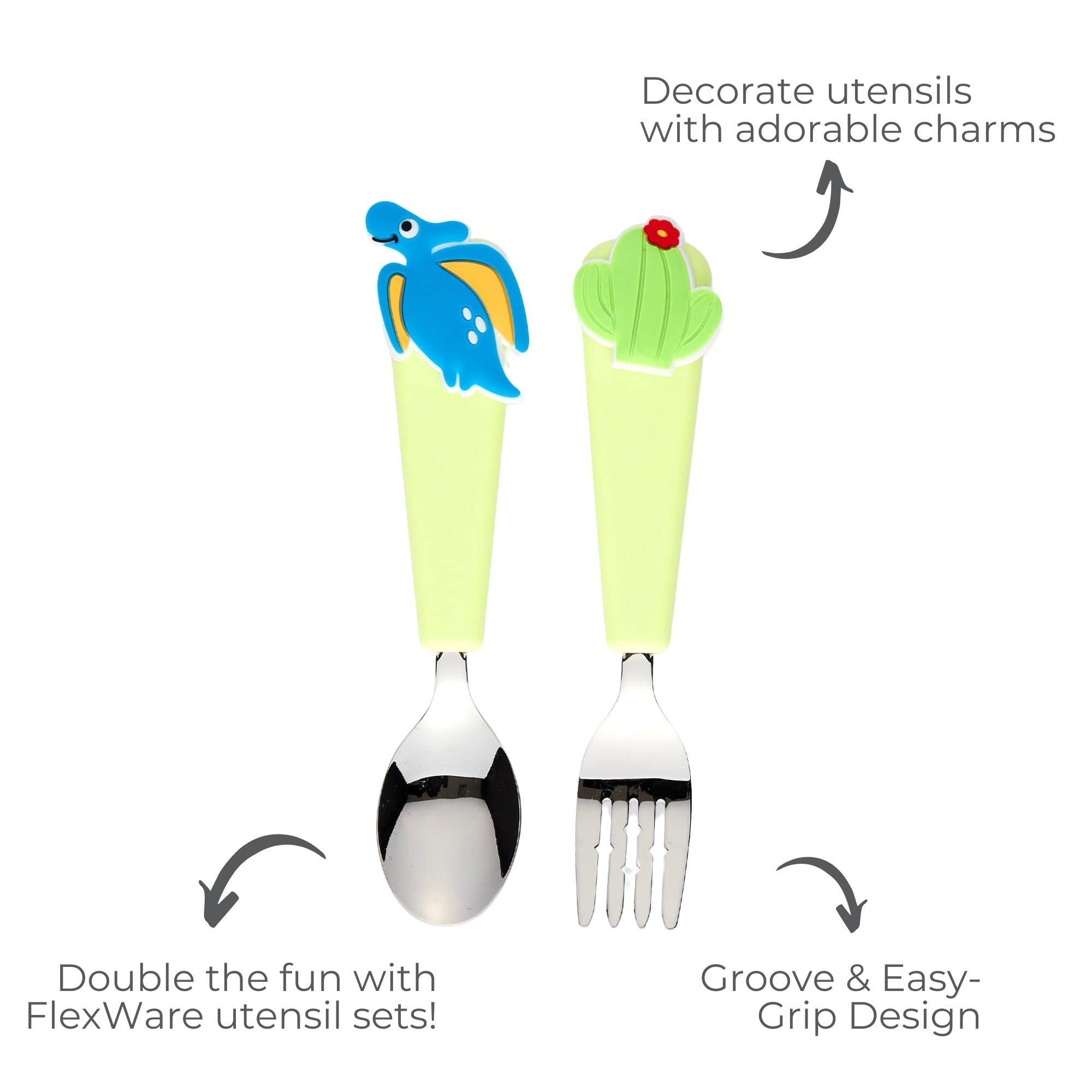Flex&Lock Flexwarez Kids Utensil Set with Flexcharmz Silicone Charms Accessories - Easy to Decorate Spoon and Fork - Fun lunch for Toddler and Kids - Dinosaur World Theme/ 2 Pack/Pteranodon & Cactus