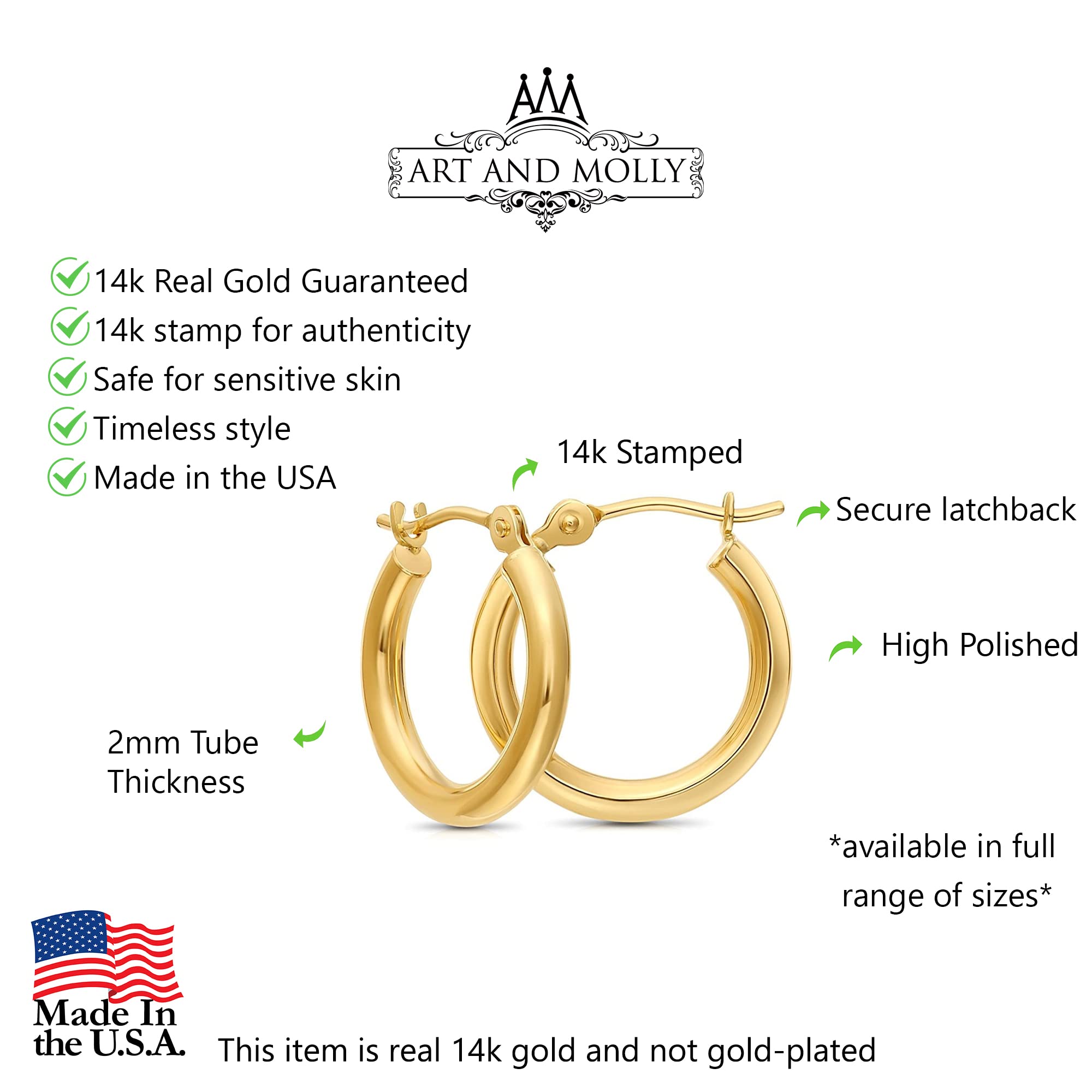 14k Yellow Gold Classic Real Gold Shiny Polished Hoop Earrings, Small Plain Round Gold Earrings Real Gold Tiny 14k Gold Extra Small Hoops 12mm (0.47 inch)