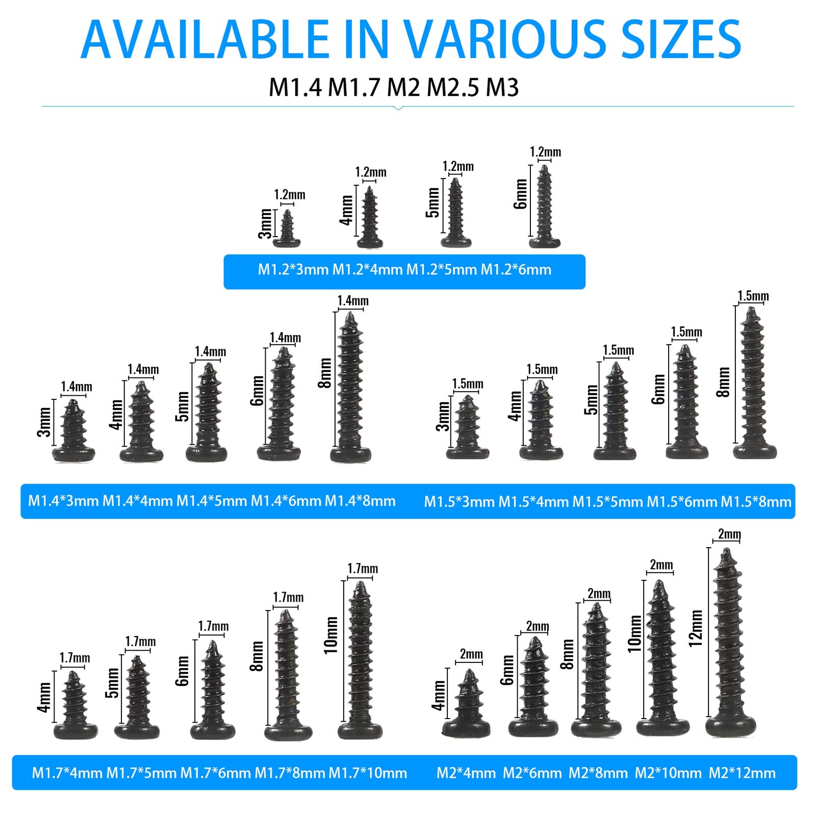 MEIYYJ 1100pcs Round Pan Head Tapping Screws Laptop Notebook Computer Screws Kit,M1.2,M1.4,M1.5,M1.7,M2 countersunk Phillips Mini Screw Set for Electronic Repair (1100PCS)