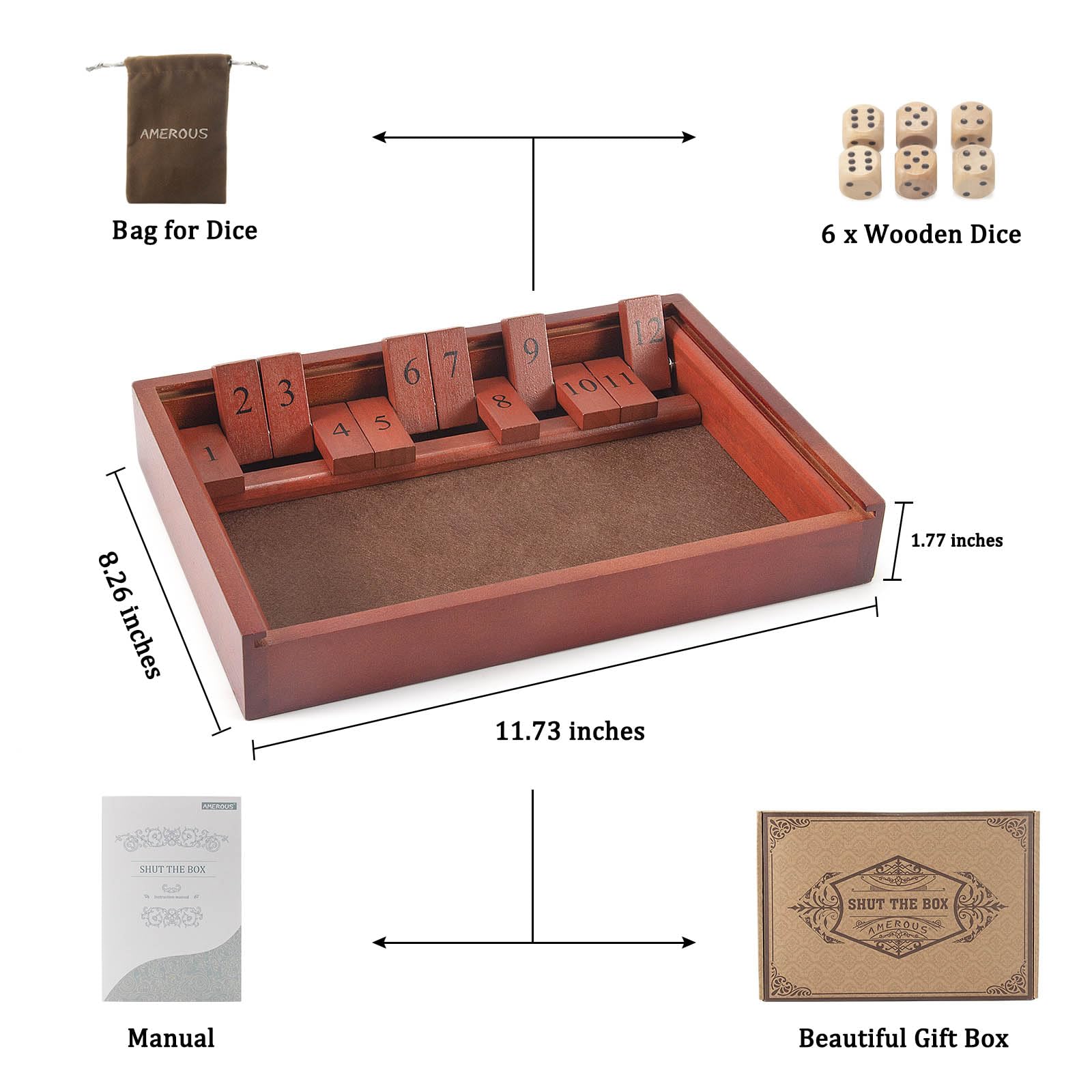 AMEROUS Shut The Box Dice Game,Wooden Board Table Math Game with Lid - 6 Dice - Gift Package - Rules, Classic Board Game for Kids Adults, Family