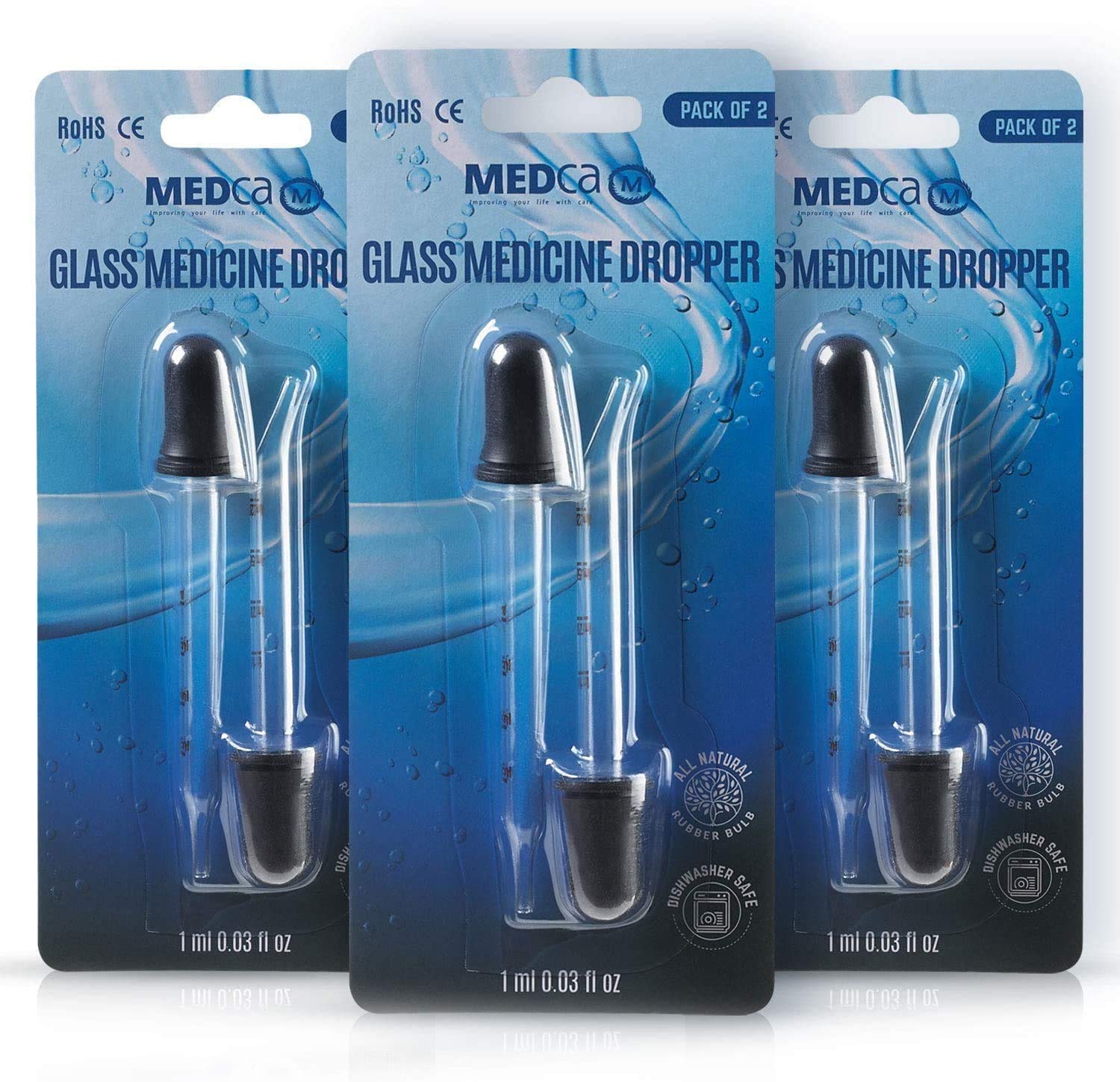 Eye Dropper - 6-Pack, Bent & Straight Tip Calibrated Glass Medicine Droppers for Essential Oils | Pipette Dropper for Accurate Easy Dose & Measurement (1mL Capacity)