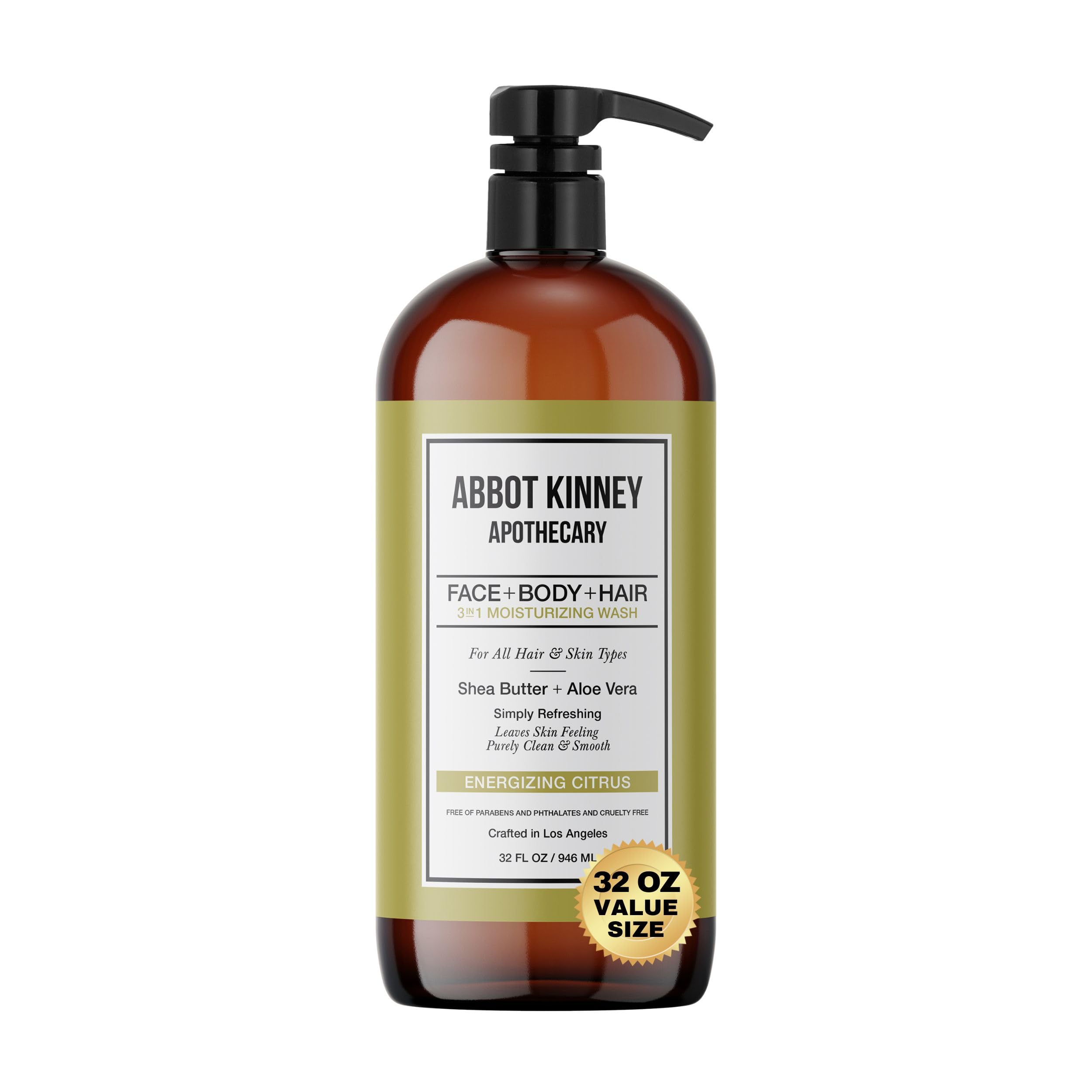 Men's 3-in-1 Wash, Moisturizing Shampoo, Conditioner, and Body Wash for Men, Suitable for All Skin and Hair Types, 32oz - Abbot Kinney Apothecary (Energizing Citrus)