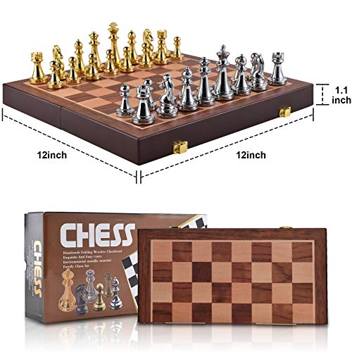 Agirlgle Metal Chess Set for Adults and Kids β Deluxe Chess Board with Chess Pieces β Travel Wooden Chess Set with Metal Pieces β Folding Chessboard β Ideal for Beginners and Professional Players