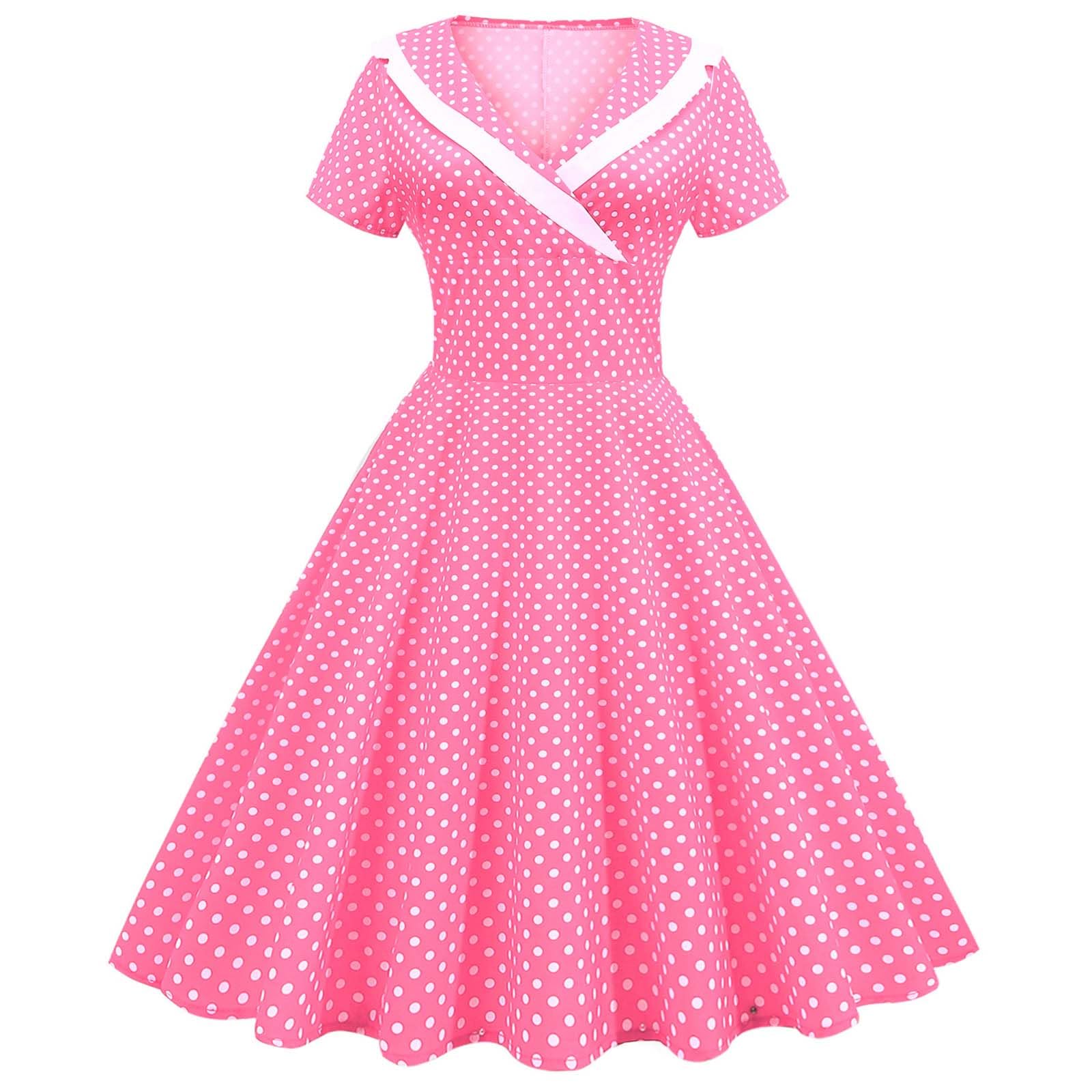 1950 Style Clothing for Women V Neck Short Sleeve Polk Dots Swing Audrey Hepburn Style Rockabilly Tea Party Garden Midi Dresses Vintage Dresses 1950s Cocktail Dress for Women Pink