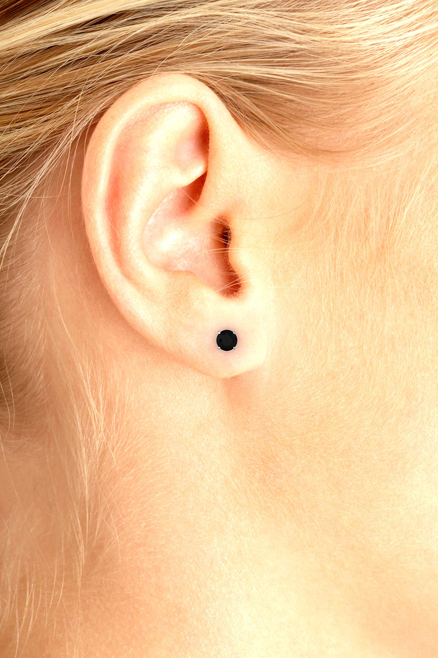 ALEVIRA Black Cubic Zirconia Stud Earrings - 1.0 TCW Round Cut Stone in 14K White Gold - Faux Black Diamond Stud CZ