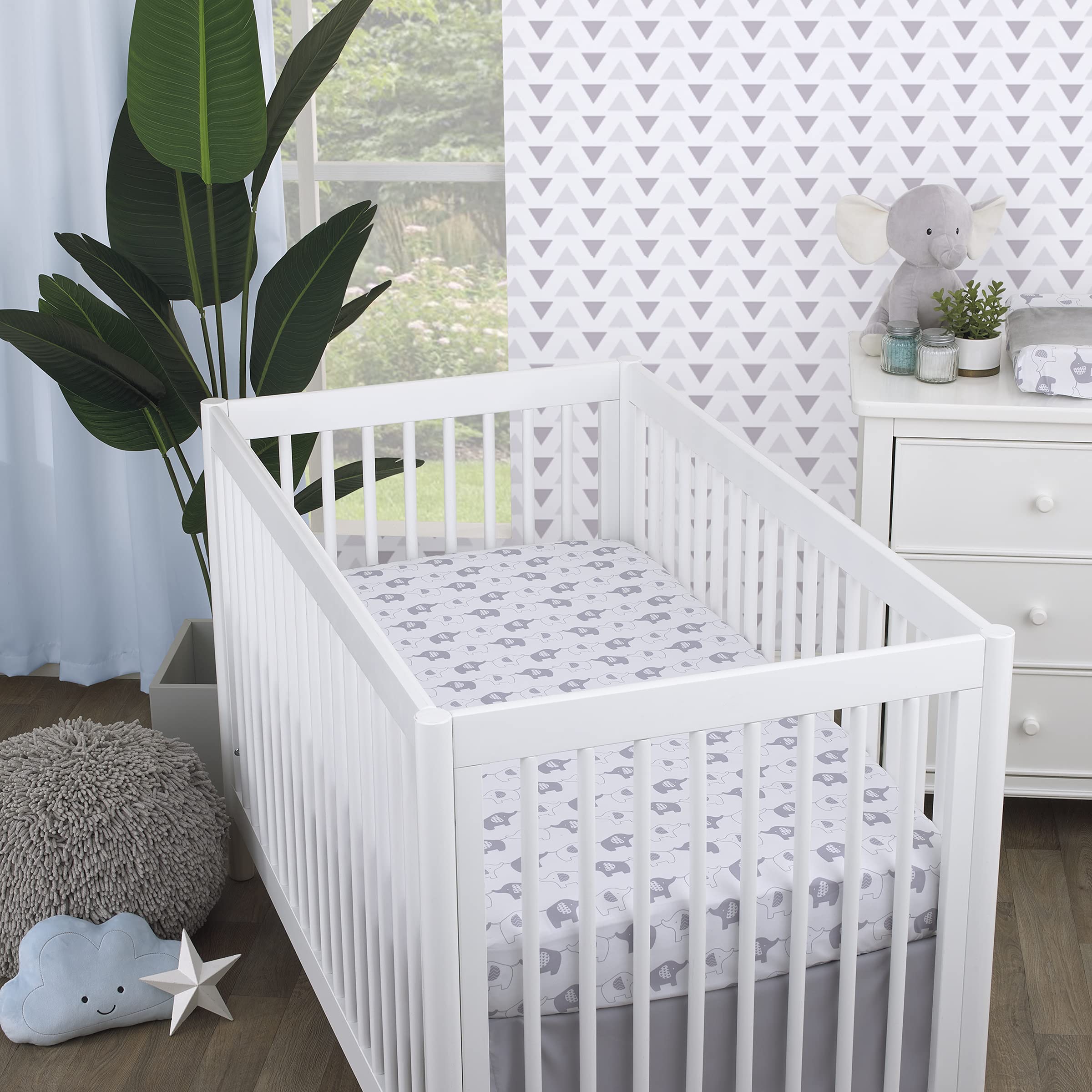 NoJo Elephant Stroll White & Gray Fitted Crib Sheet, Grey, White
