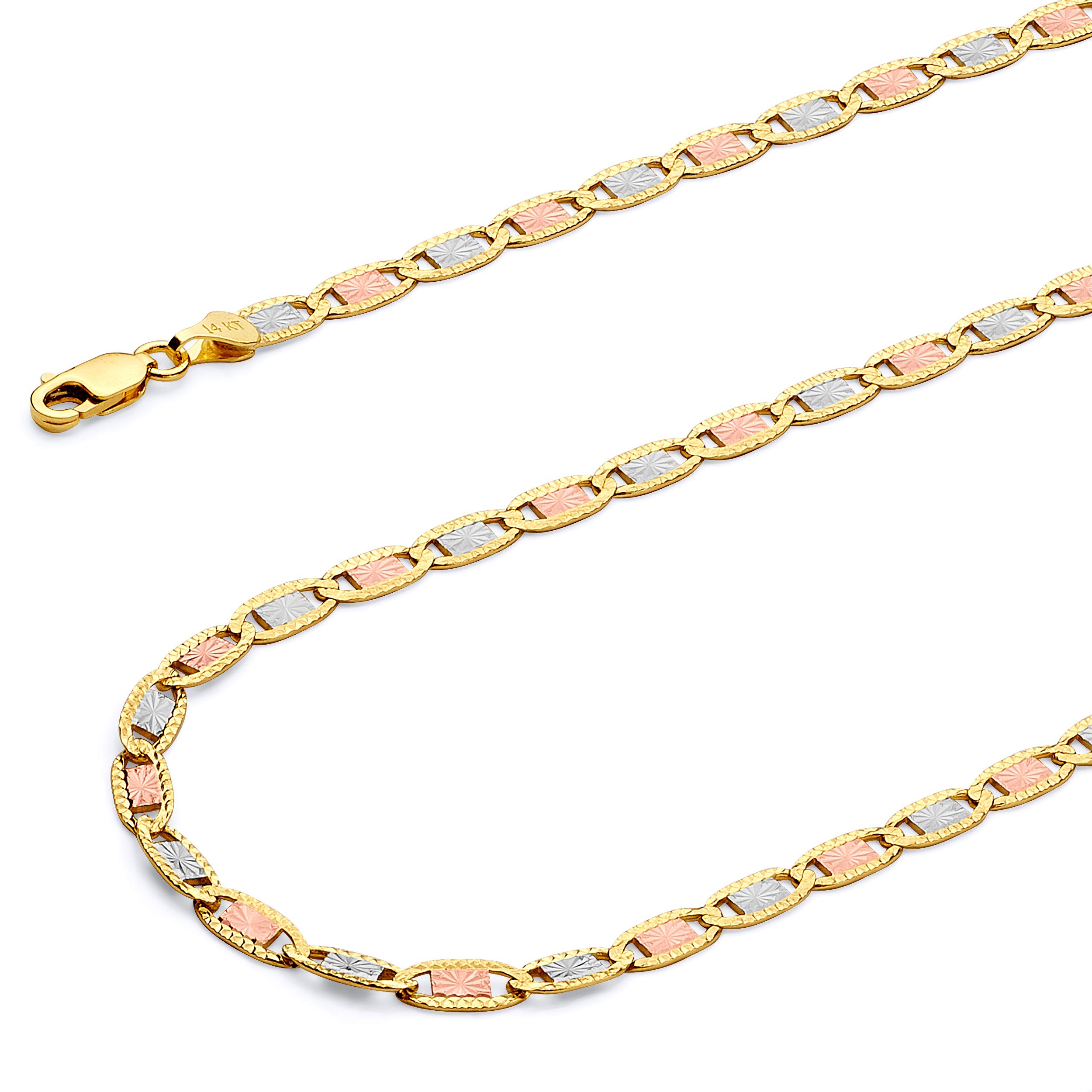 14k REAL Tri Color Gold Solid 3mm Star/Edge Diamond Cut Chain Bracelet with Lobster Claw Clasp - 7.5"
