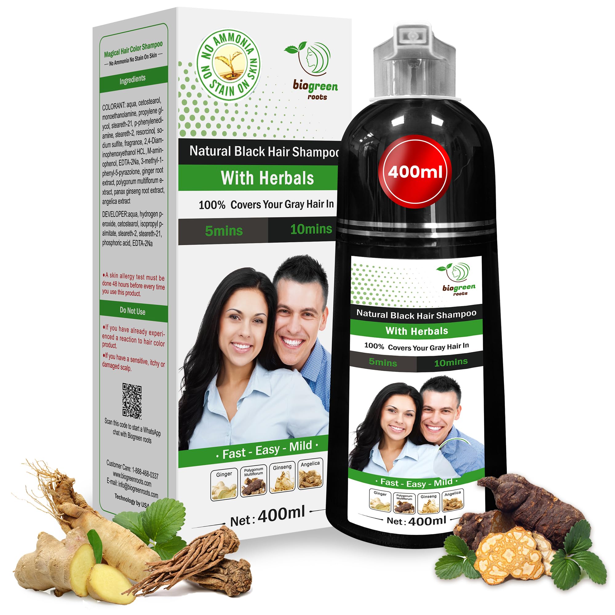 Ammonia-Free Herbal Hair Shampoo - Effectively Covers Gray Hair for Men and Women - Natural Color and Herbal Nourishment - No Stain on Skin - Natural Black (400 ml)