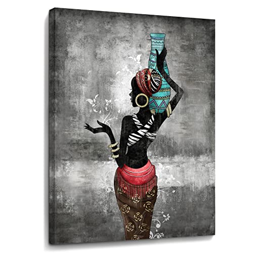 African Lady Wall Art Pictures Bathroom Set / 12"Wx16"H Canvas Print Wall Decor / Women Figure Girls Tribal Lady Wall Art Bedroom Office / Creative Vintage Gift Bottle Human Decorations Home Black Artwork