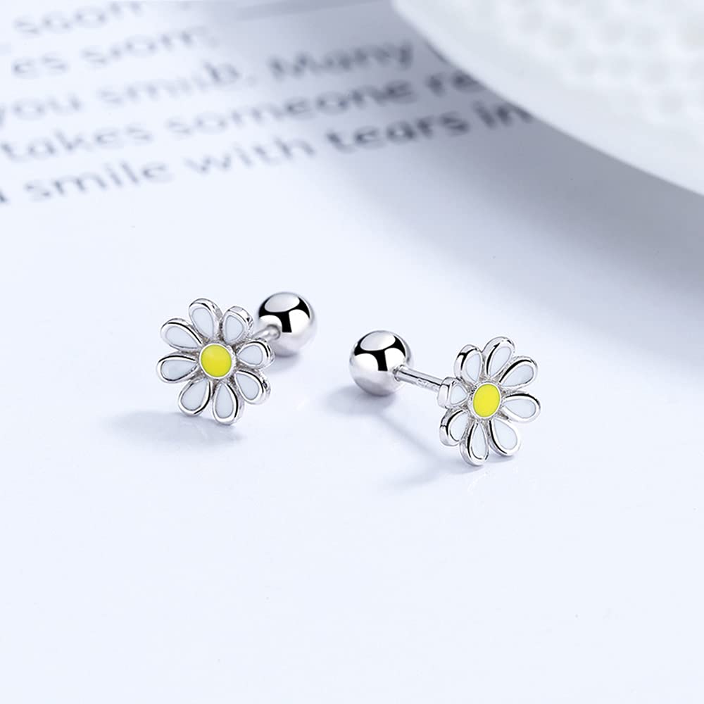 18G Little Daisy Flower Cartilage Stud Earrings Sterling Silver 925 Chrysanthemum Flower Helix Tragus Earring Studs Screw Back Small Ear Piercing for Women Girls