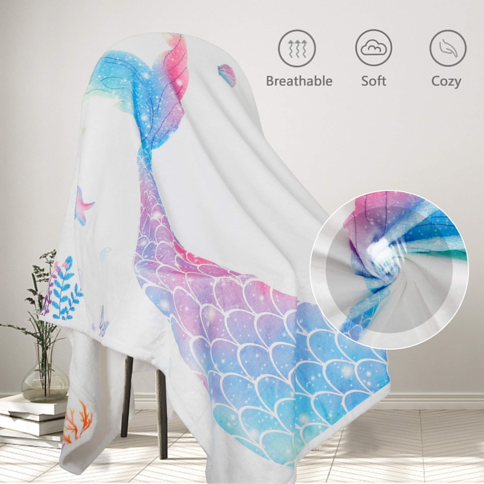 TRENSOM Little Mermaid Blanket Baby Monthly Milestone Blanket Girl Personalized Fleece Months Blakets Newborn Shower Nursery Decor with One Bib & Hedbd Two Frames,Large 59”x40”