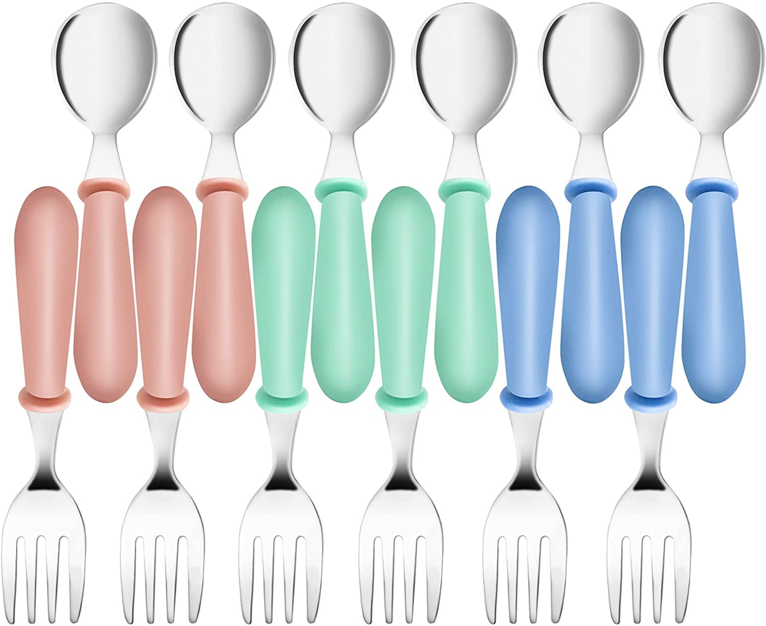 12PCS Toddler Forks & Spoons,Stainless Steel Baby Utensils,Kids Silverware Children's Cutlery Set for Self Feeding,BPA Free Metal Toddler Flatware with Handle for Boys Girls(Mixcolor 6 Spoons 6 Forks)