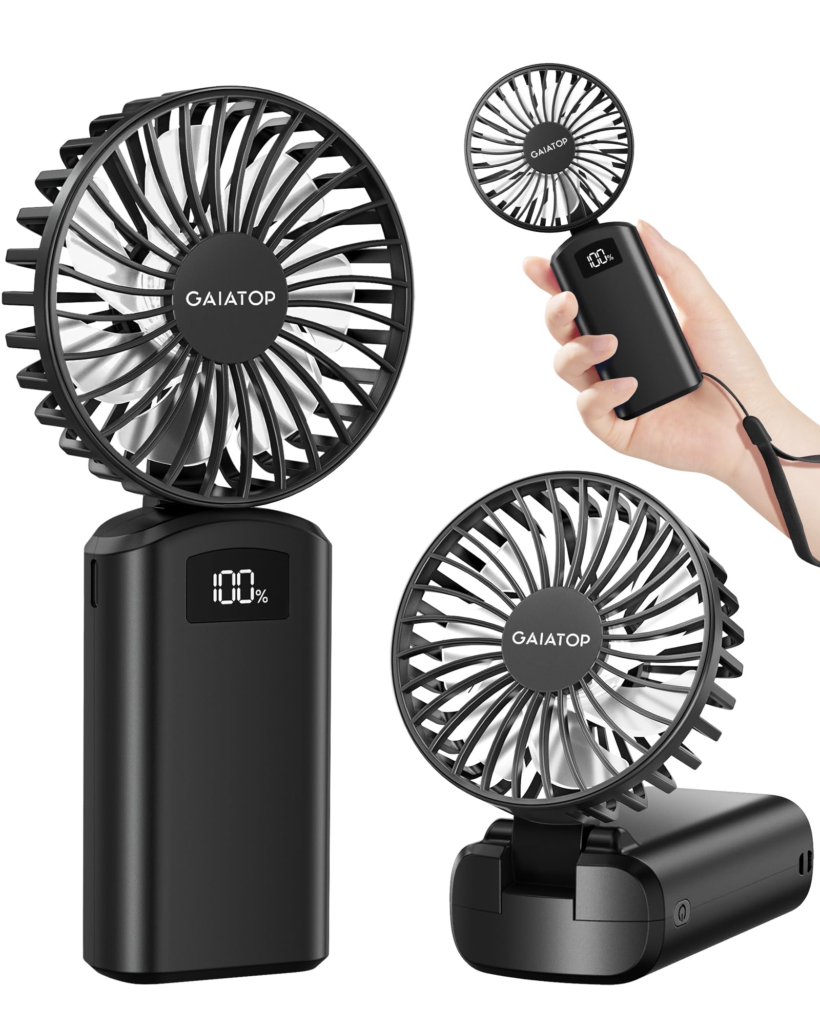 Gaiatop Portable Handheld Fan, 180° Foldable Desk Fan 3 Speed Personal Mini Hand Fan, 2000mAh Powerful Rechargeable Small Fan with Digital Display, USB Personal Fan for Office Outdoor Makeup-Black