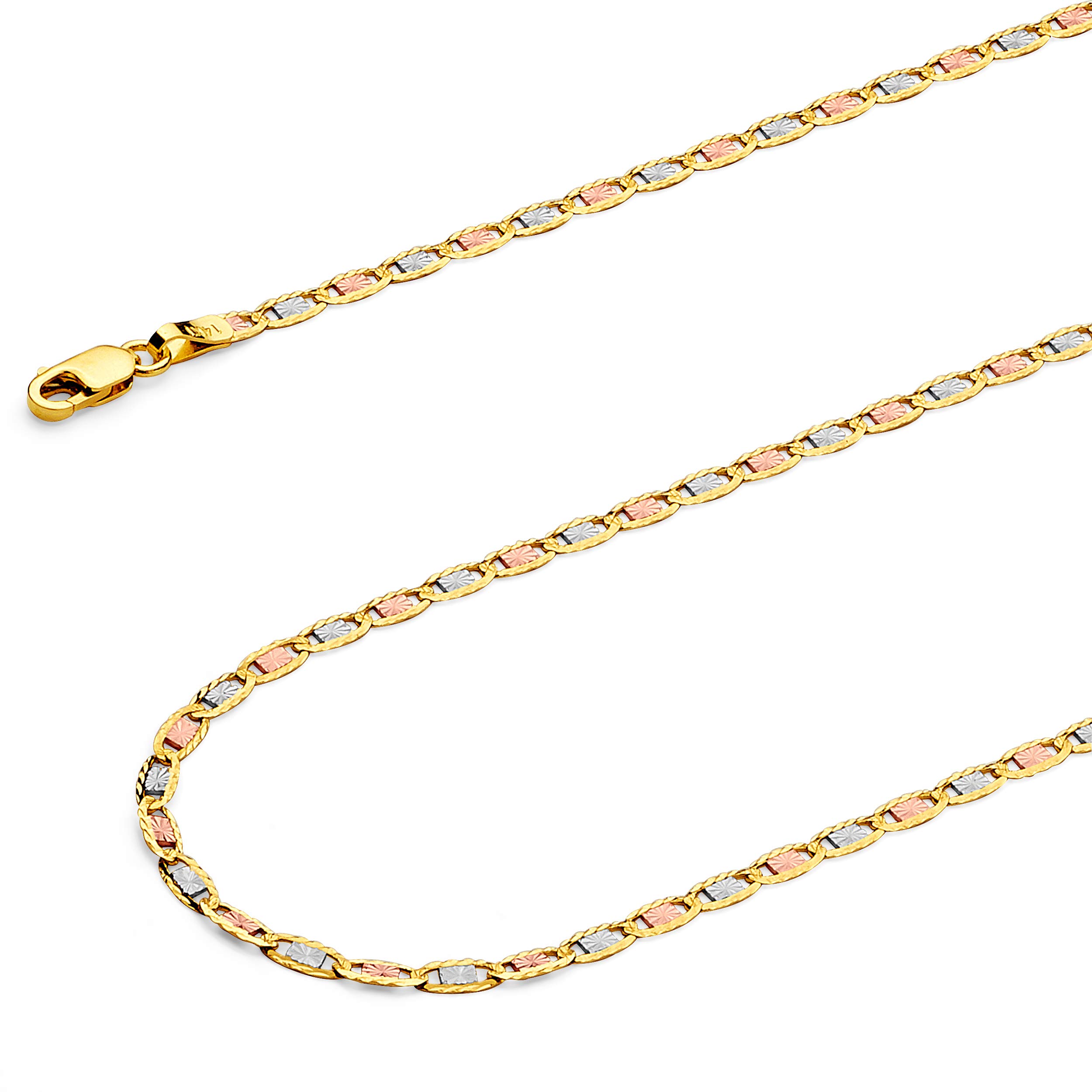 14k REAL Tri Color Gold Solid 2mm Star/Edge Diamond Cut Chain Necklace with Lobster Claw Clasp - 22"
