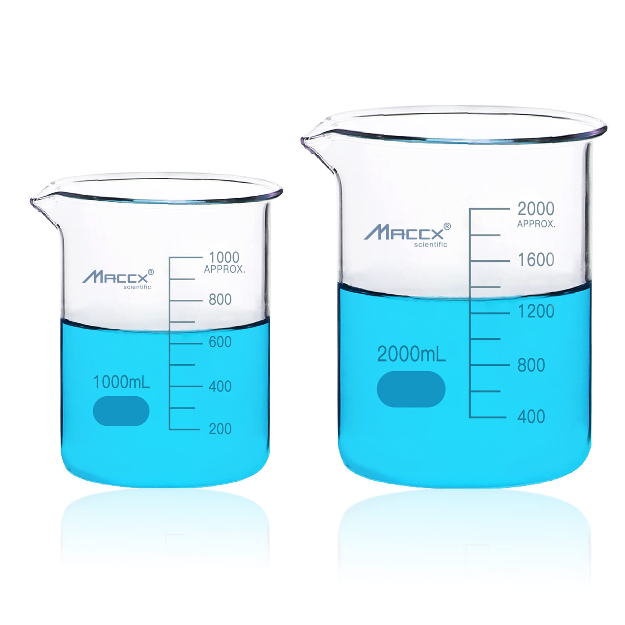 Maccx Sturdy Glass Beakers, 2 Sizes of 1000ml 2000ml,3.3 Borosilicate Griffin Low Form with Printed Graduation, BKLS06-002