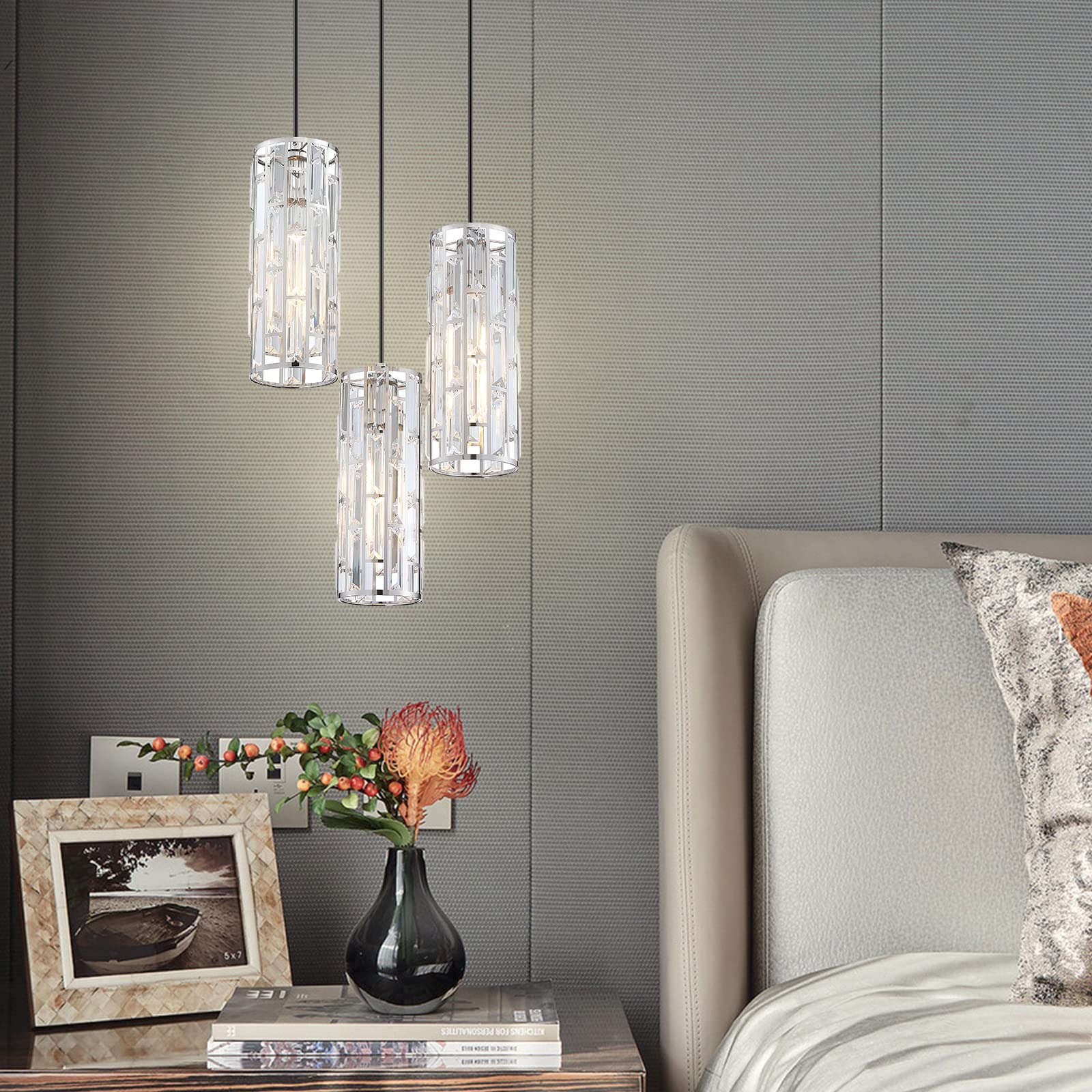 2 Pack 1 Light 5.5" Hanging Kitchen Island Pendant Light Crystal Nickel Finish,Modern Concise Pendant Fixture with Crystal Metal Shade for Bar,Dining Room,Corridor,Living Room Over Sink