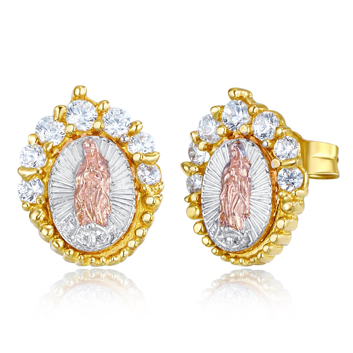 14k REAL Tri Color Gold CZ Our Lady of Guadalupe Earrings