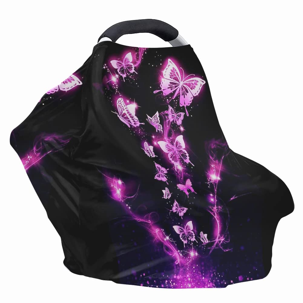 JOAIFO Pink Neon Butterfly Print Carseat Cover Girls Stretchy Baby Carseat Canopy Soft Breathable Nursing Covers for Breastfeeding Protector