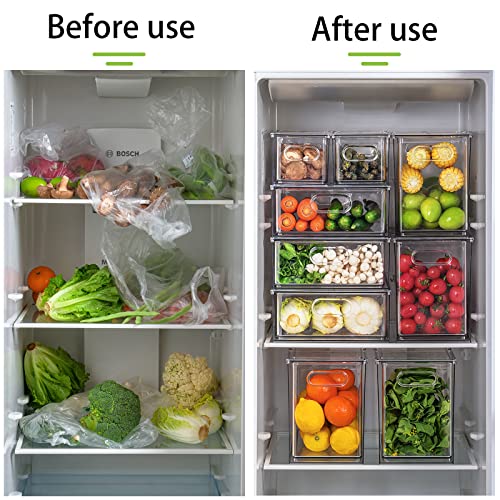 4Pack Stackable Fridge Organizer Drawers Pull Out Bins Clear Refrigerator Drawer Storage Box Divided Produce Saver Containers for Veggie Fruit Pantry Cabinet Makeup Clothes