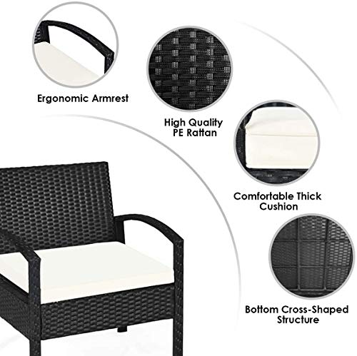 HAPPYGRILL 3pcs Patio Conversation Set Outdoor Wicker Furniture Set Rattan Table & Chairs Set with Seat Cushions, Modern Bistro Set with Coffee Table for Garden Balcony Backyard