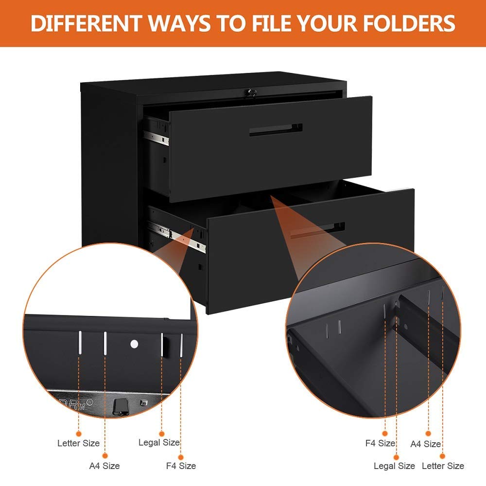 2 Drawer Lateral Filing Cabinet for Home and Office, Hanging File White and Black Lateral File Cabinet