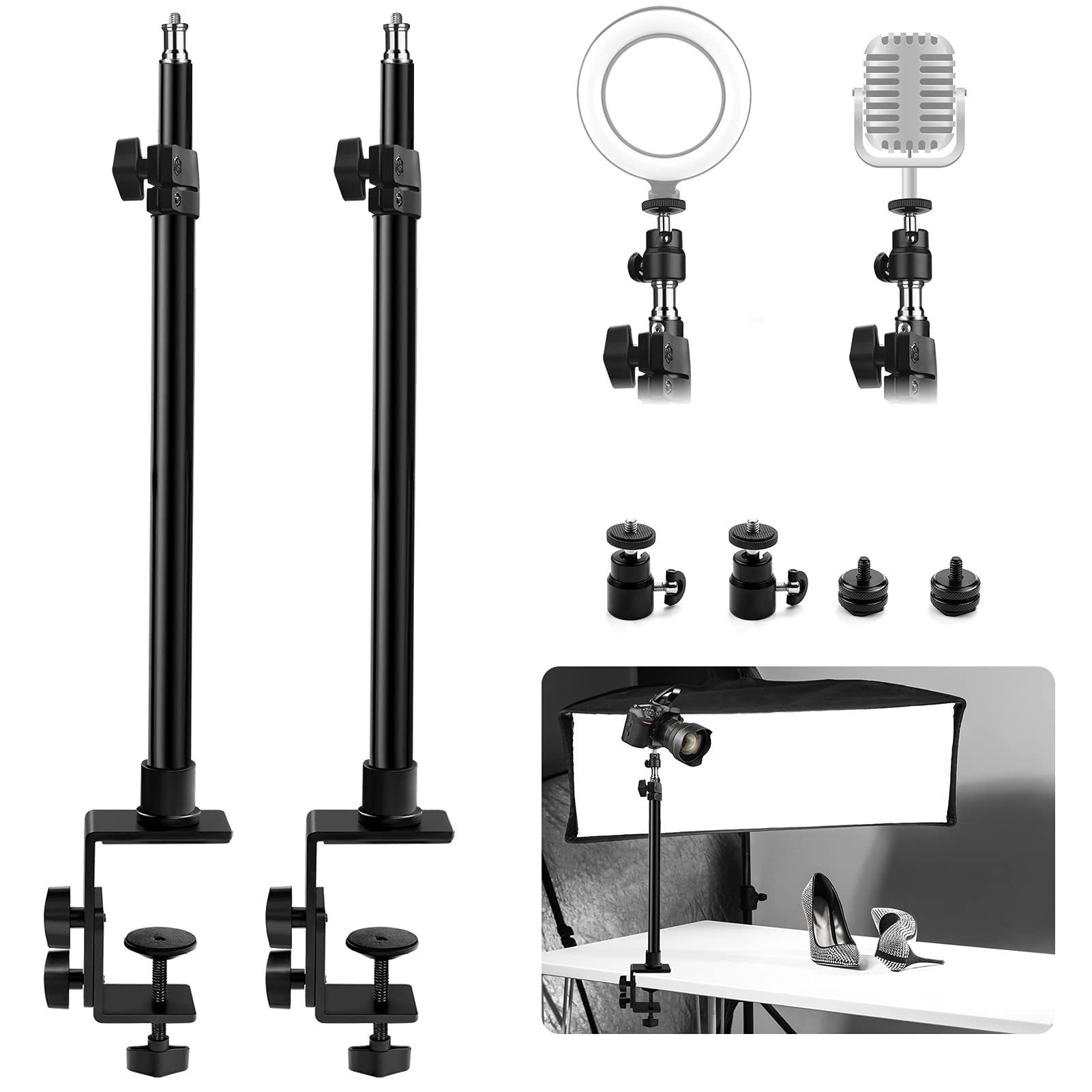 Obeamiu 2 Pack C Clamp Desk Mount Light Stand with 1/4" Ball Head and Hot Shoe Mount Adapter, 15.5-25.5 Inch Adjustable Tabletop Bracket Stand for DSLR Camera, Ring Light, Video Monitor, Microphone