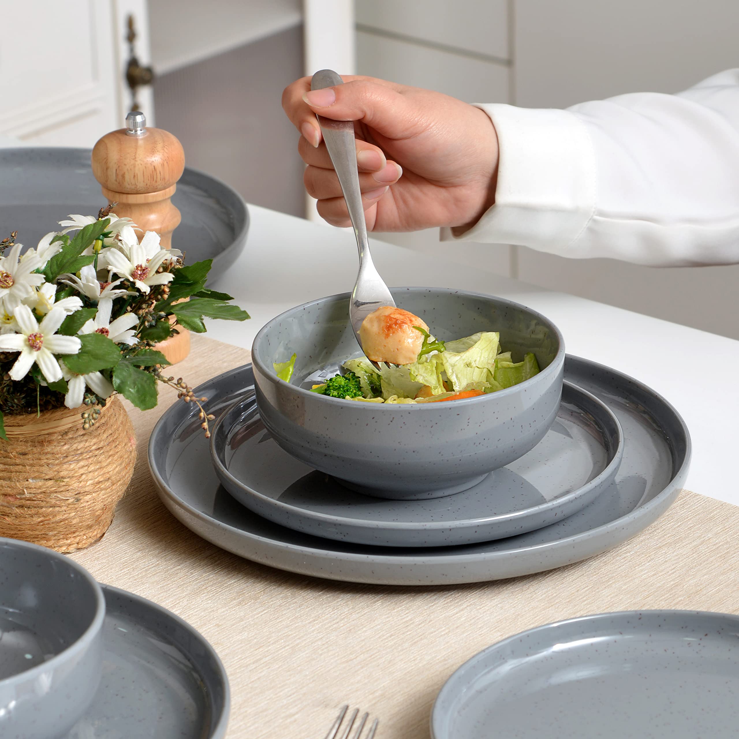 12 Pcs Melamine Dinnerware Sets, Plates and Bowls Sets, Dishes Set for 4, Melamine Plates, Outdoor Dinnerware Set, Lightweight, Unbreakable, Dishwasher Safe,BPA Free (Grey)