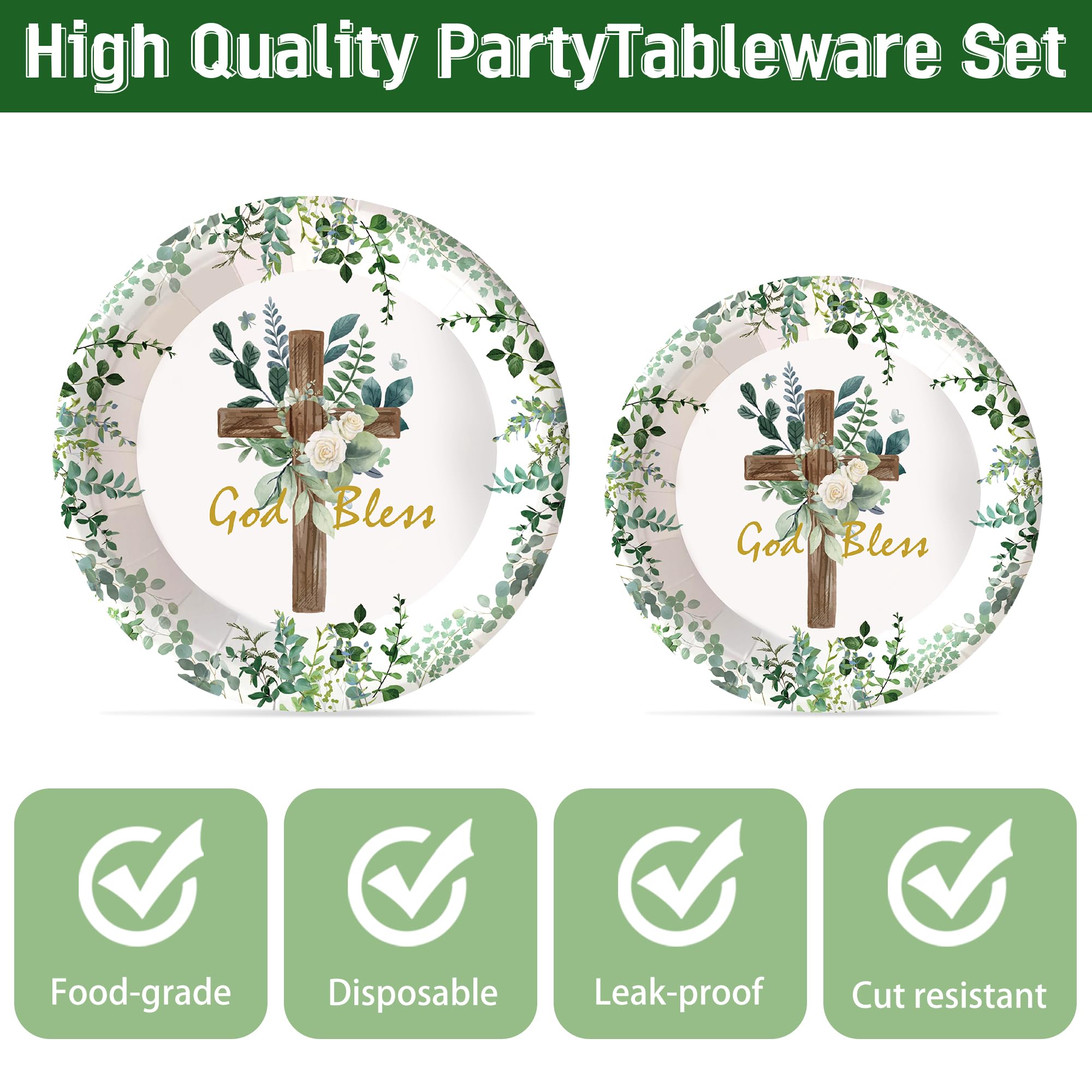 168Pcs God Bless Plates and Napkins Baptism Tableware Set First Holy Communion Party Decorations Mi Bautizo Eucalyptus Leaves Sage Paper Plates Christening Celebration Baby Shower Supplies,Serve 24