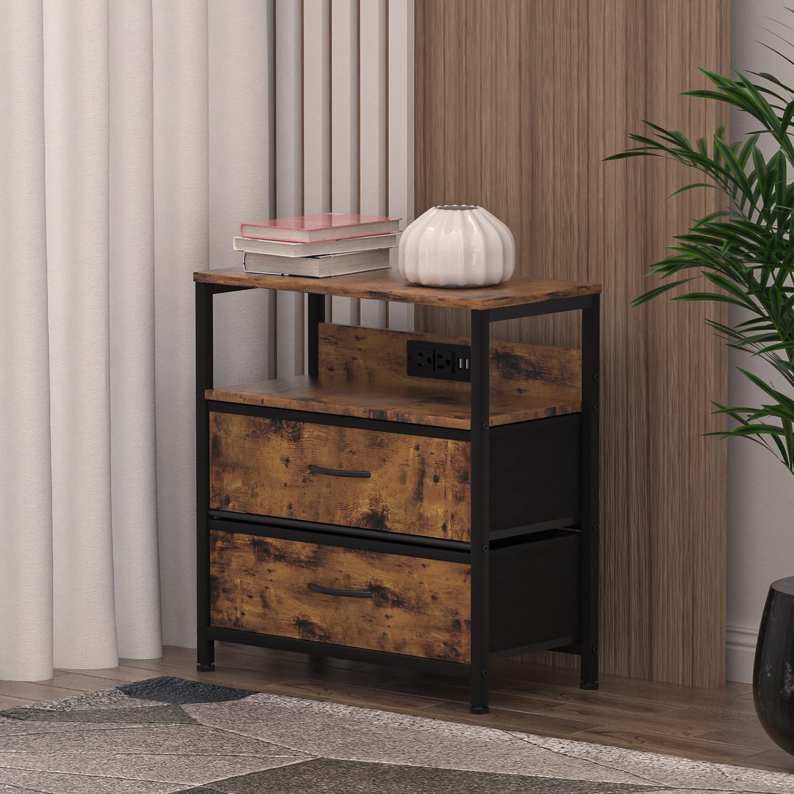 PONROL Rustic End Table with Charging Station & USB Ports, Entryway Narrow Side Sofa Table for Living Room, Nightstand with Fabric Drawer Storage Shelf for Bedroom, 23”L*11”W*25”H, Brown