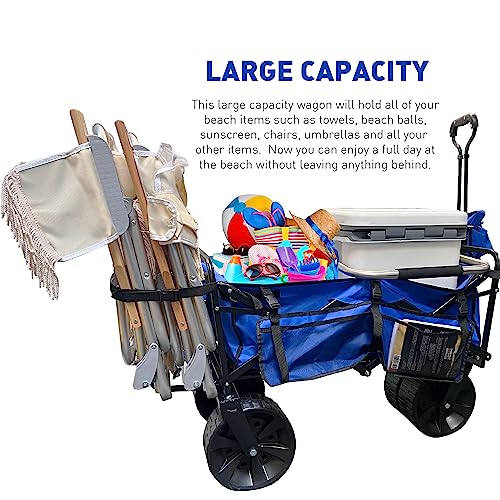 Beach Wagon Folding with Large Sand Wheels Heavy Duty Collapsible Cart with Patent Pending Beach Chair Holder Great for Ocean, Camping and Fishing β Solid Blue Color